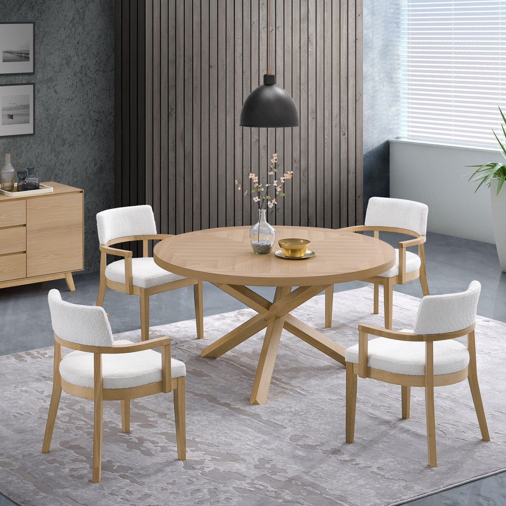 Red Barrel Studio Kasem 6 Pcs Oak Finish Round Dining Table w/Matching Chair & Server Dining ...