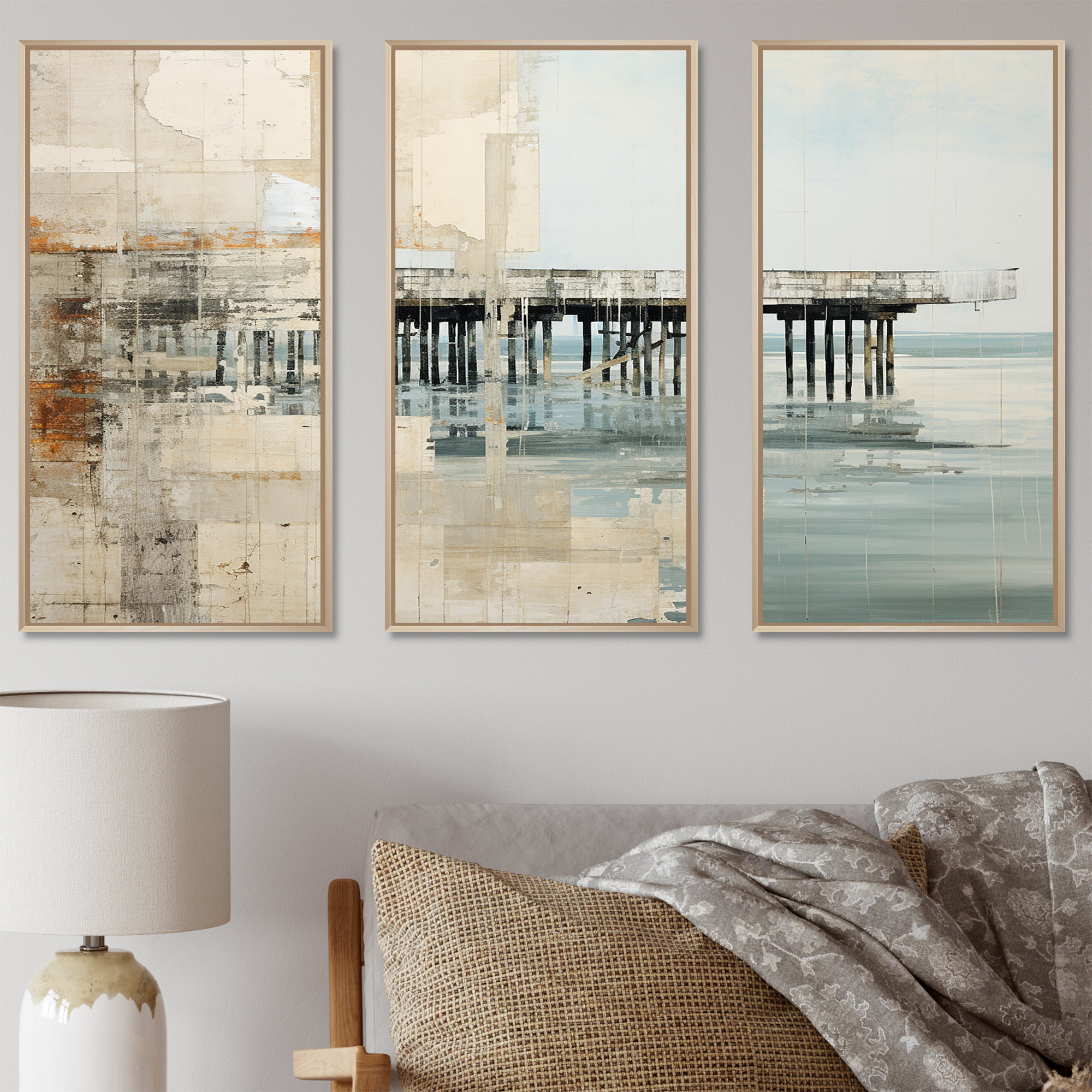 Design Art Minimal Watercolor Pier Horizon I - Coastal Pier Canvas Art ...