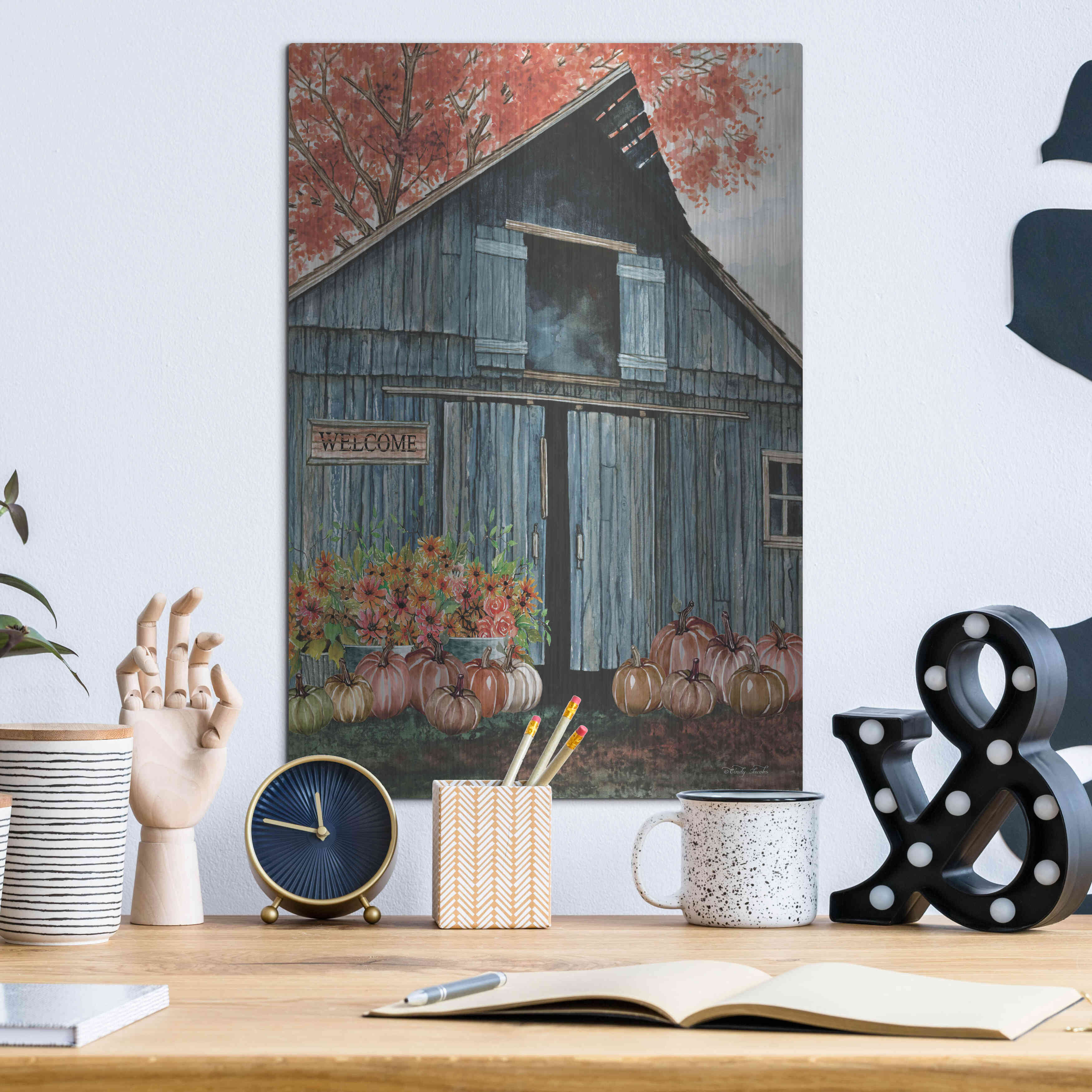 August Grove® 'Welcome Fall Barn' by Cindy Jacobs, Metal Wall Art | Wayfair
