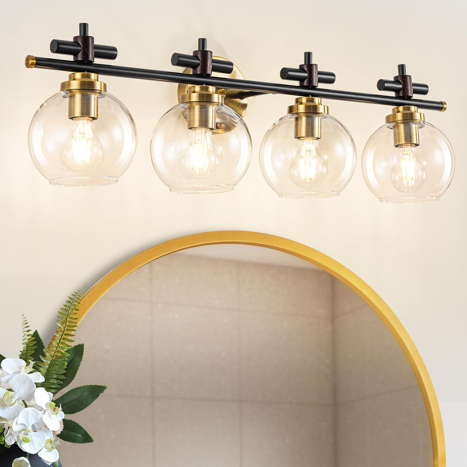 Everly Quinn Modern 4-Light Vanity Fixture With Clear Glass Shades And ...