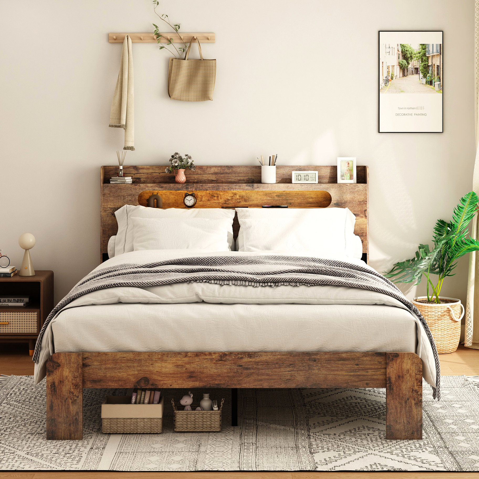 Alwyn Home Dark Brown Wood Platform Bed Frame In King Size With Storage ...