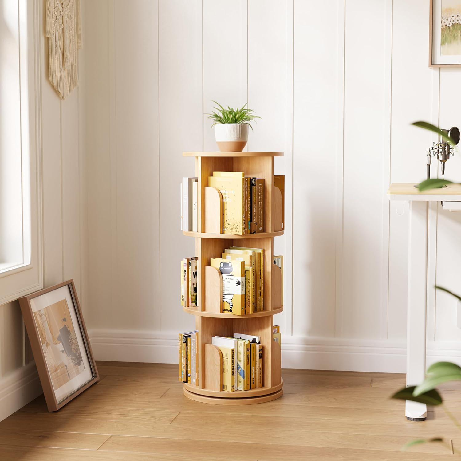 Latitude Run® 3-Tier Solid Wood Rotating Bookshelf, 360° Spinning ...