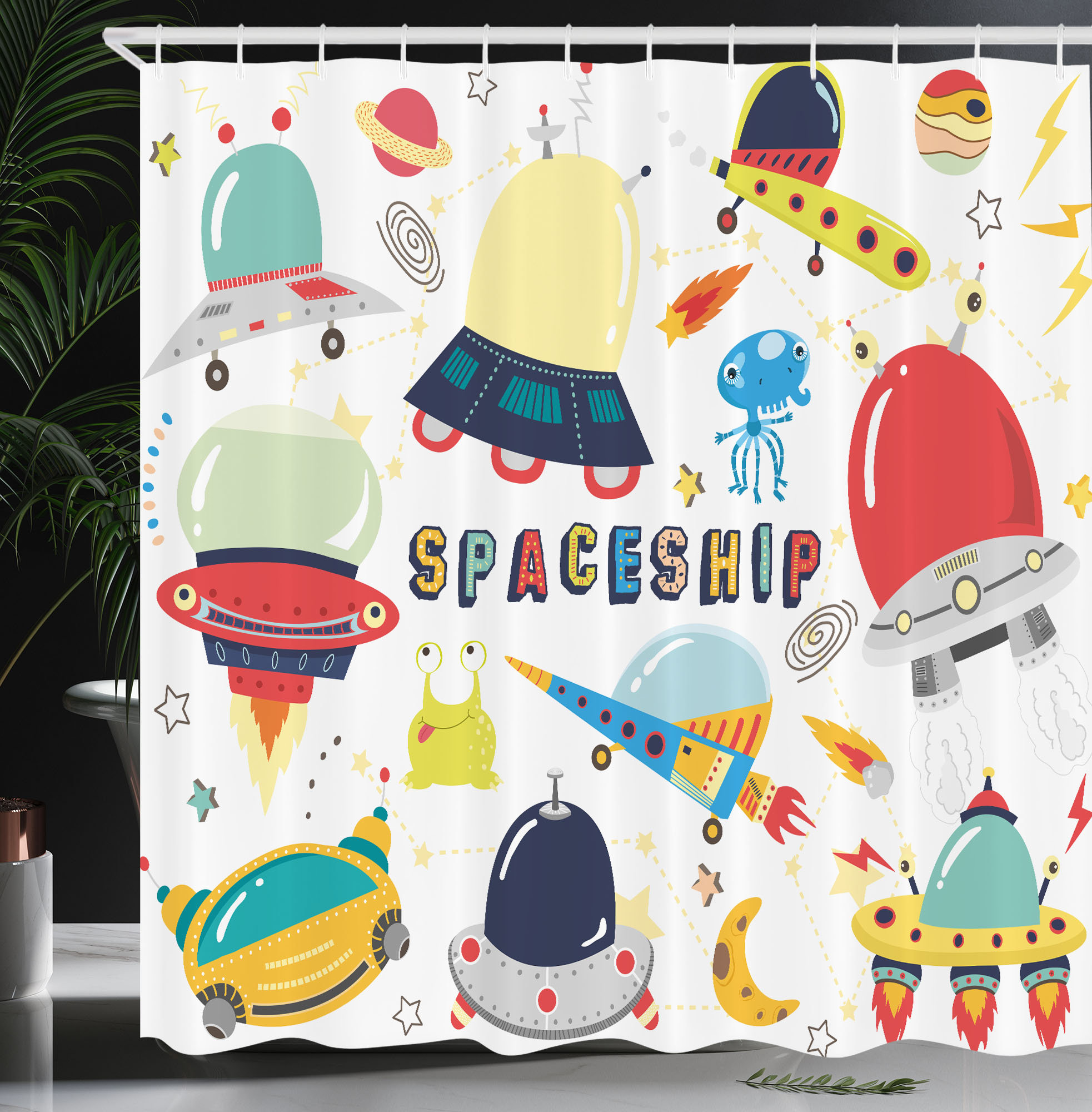 Ivy Bronx Science Party Shower Curtain Spaceships and Aliens White ...