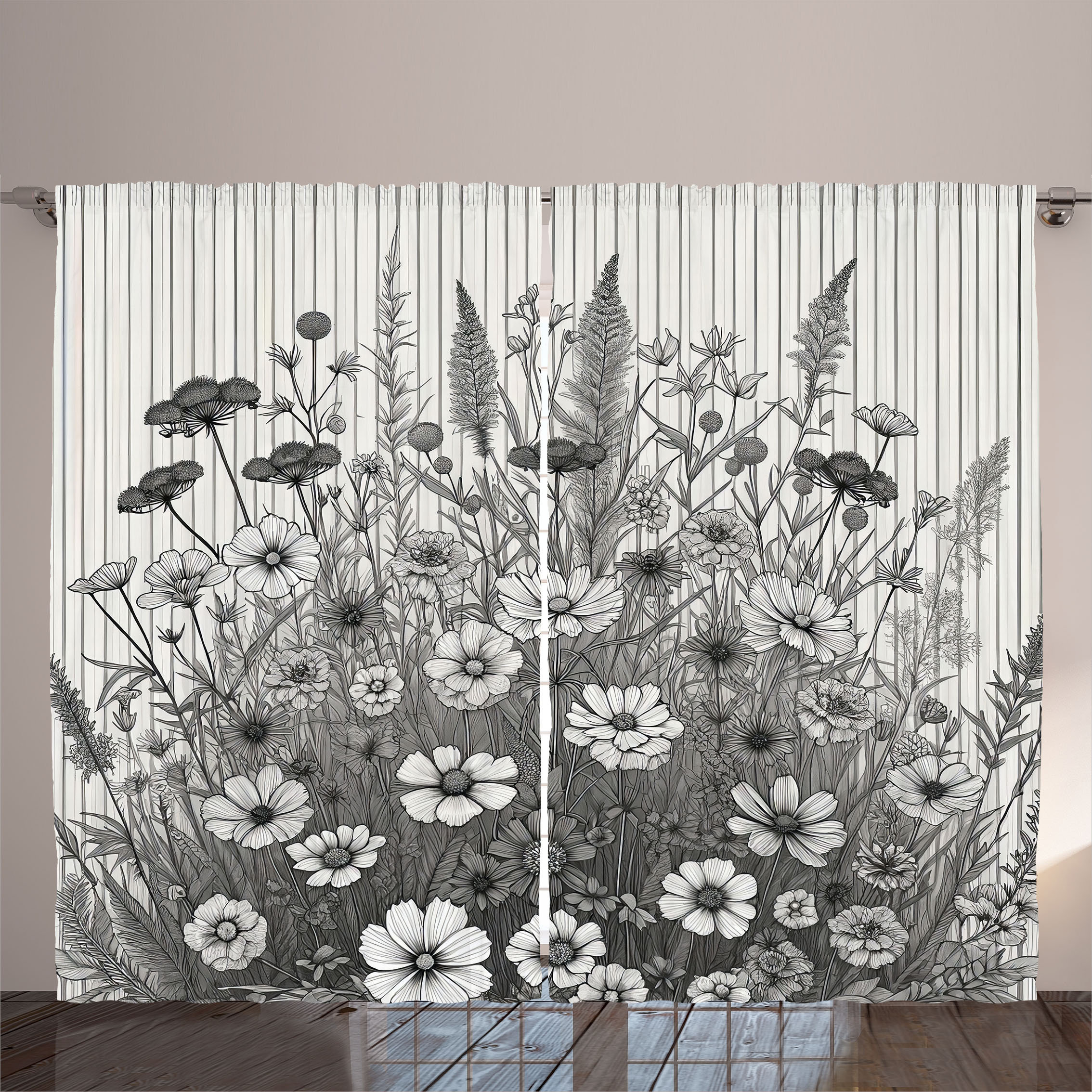 Ambesonne Curtains 2 Panel Set, Wildflowers Stripes Pale Grey and Off ...