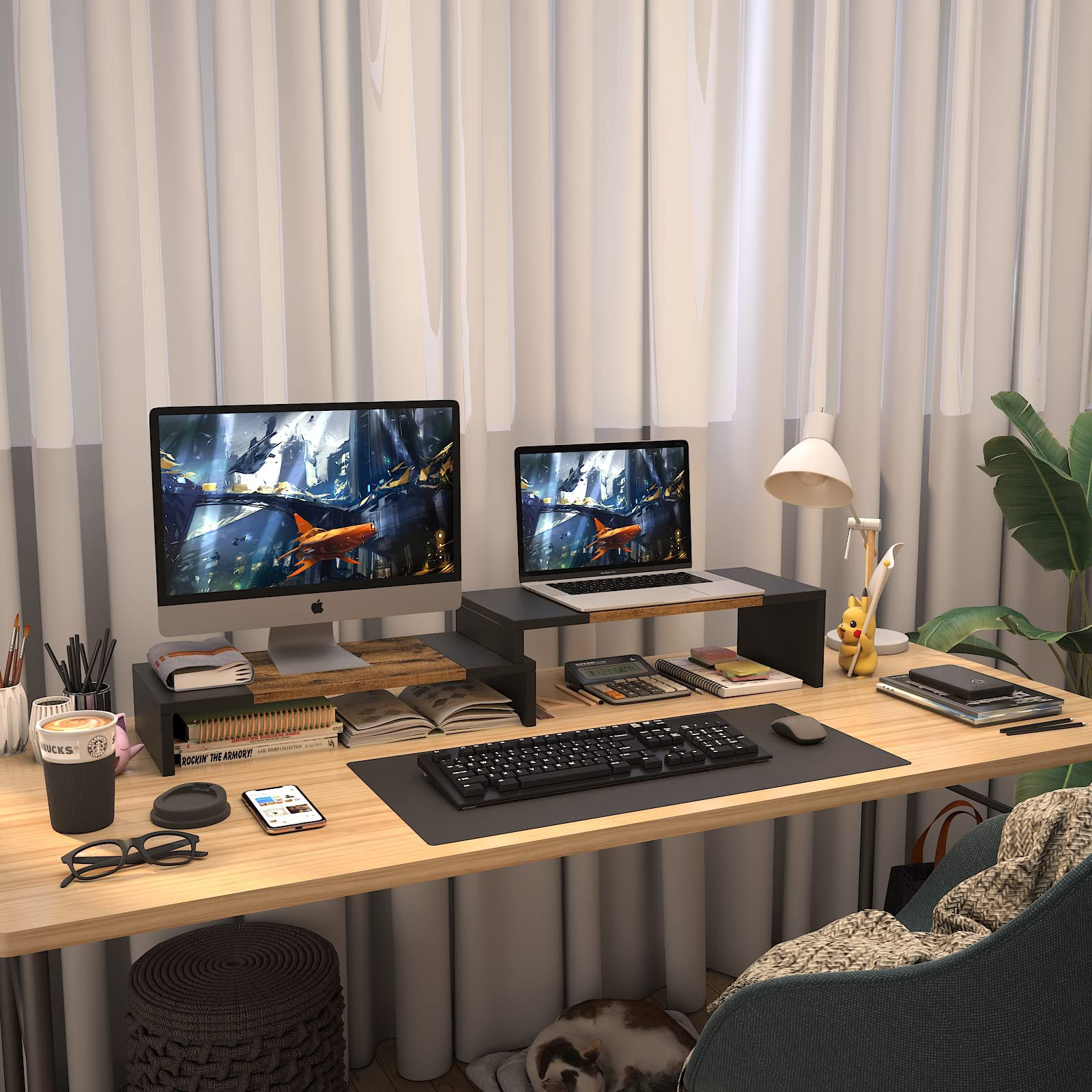 Brayden Studio® Dual Monitor Stand Riser w/ 2 Shelves, Adjustable ...