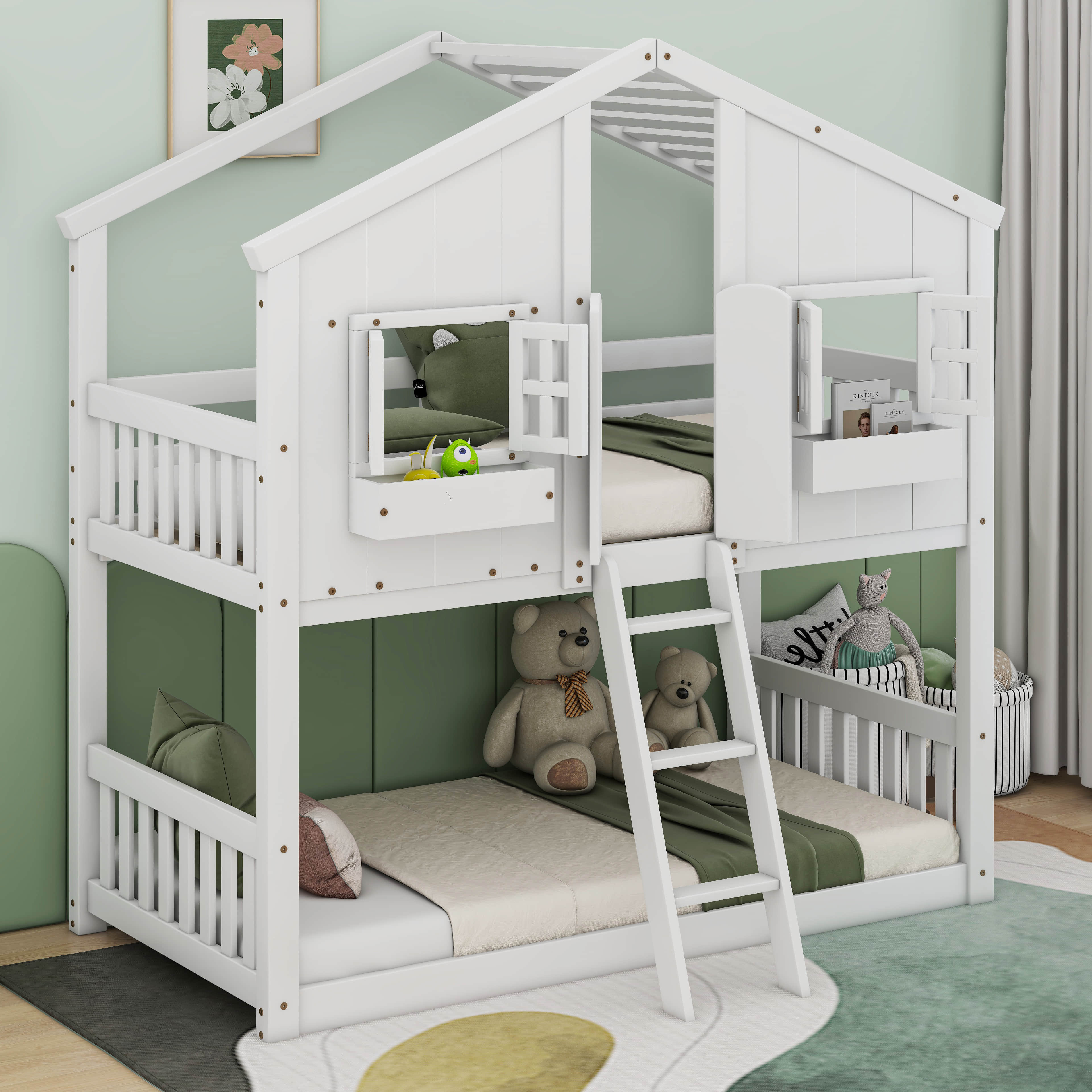 Cosmic Twin Over Twin House Bunk Bed With Roof, Windows | Wayfair