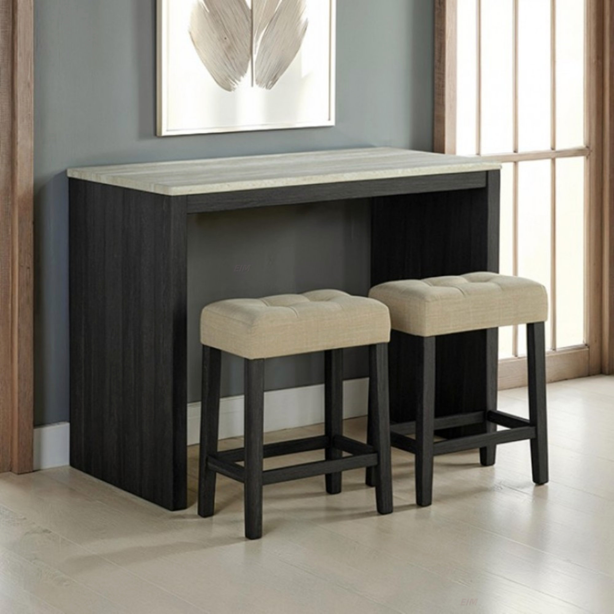 Latitude Run® Two-Tone Design Transitional Black 3Pc Dining Set Table 2X Stools Tufted Beige ...