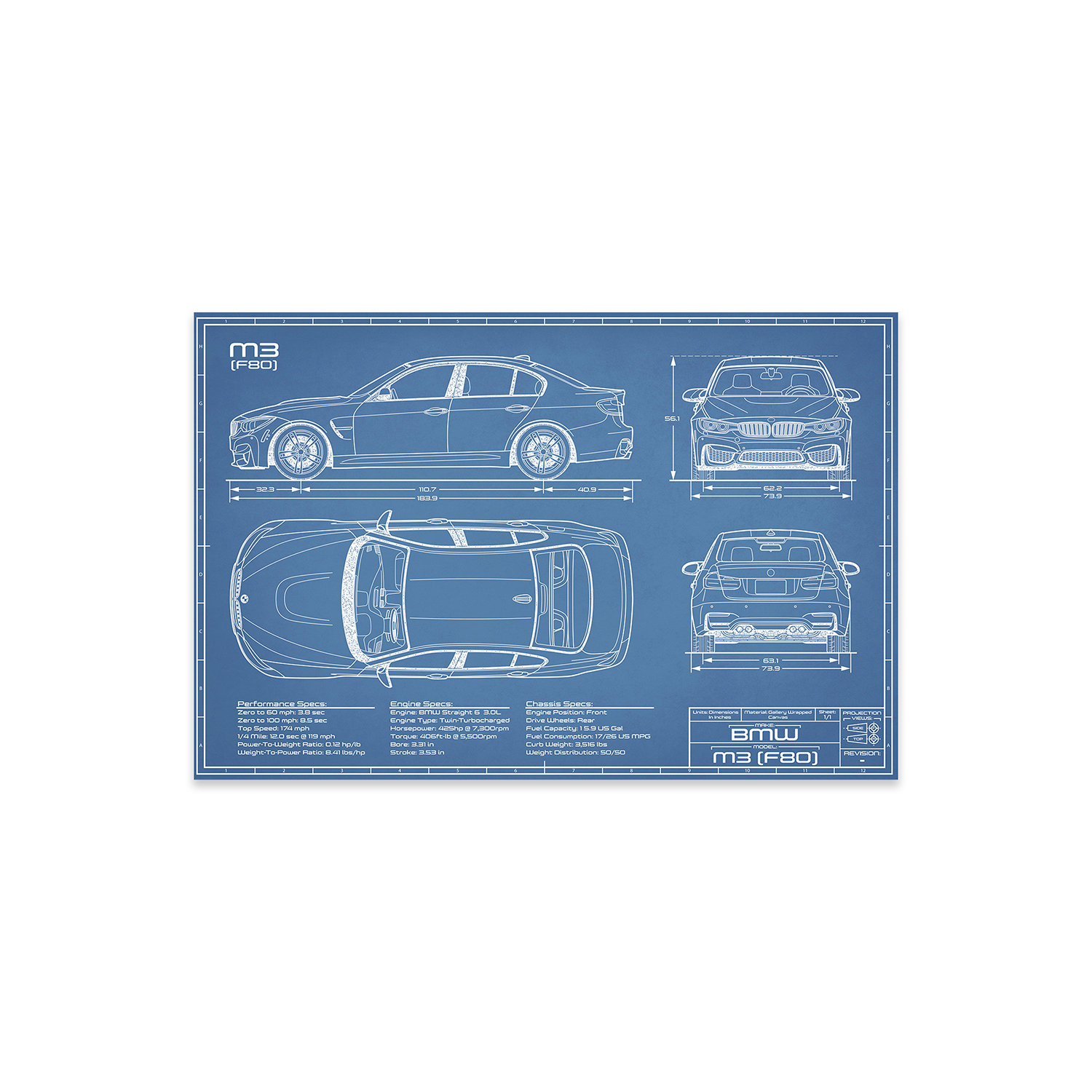 17 Stories BMW M3 (F80) Blueprint Print On Acrylic Glass | Wayfair