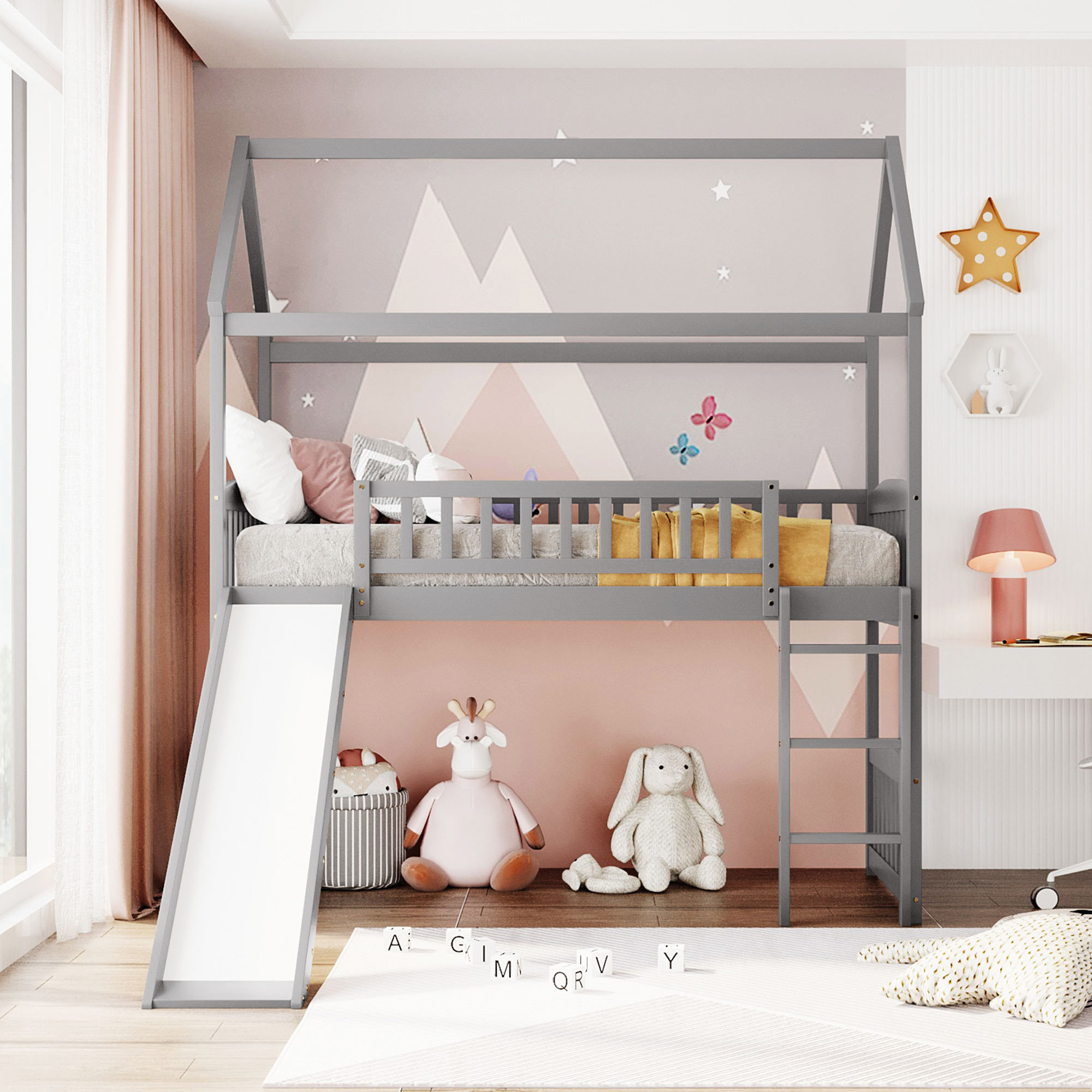 Dakota Fields Twin Loft Bed With Slide, House Bed With Slide | Wayfair