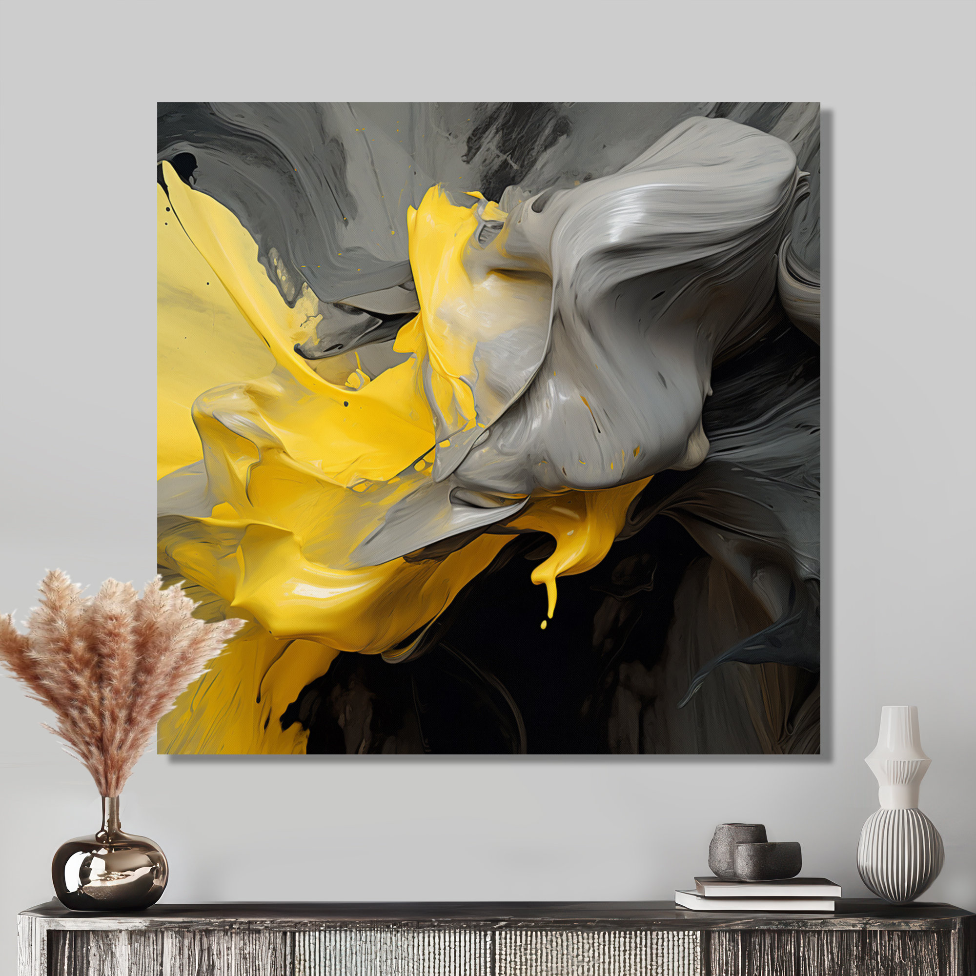 Ivy Bronx Raw Reflections Yellow Gray - Abstract Wall Art Decor | Wayfair