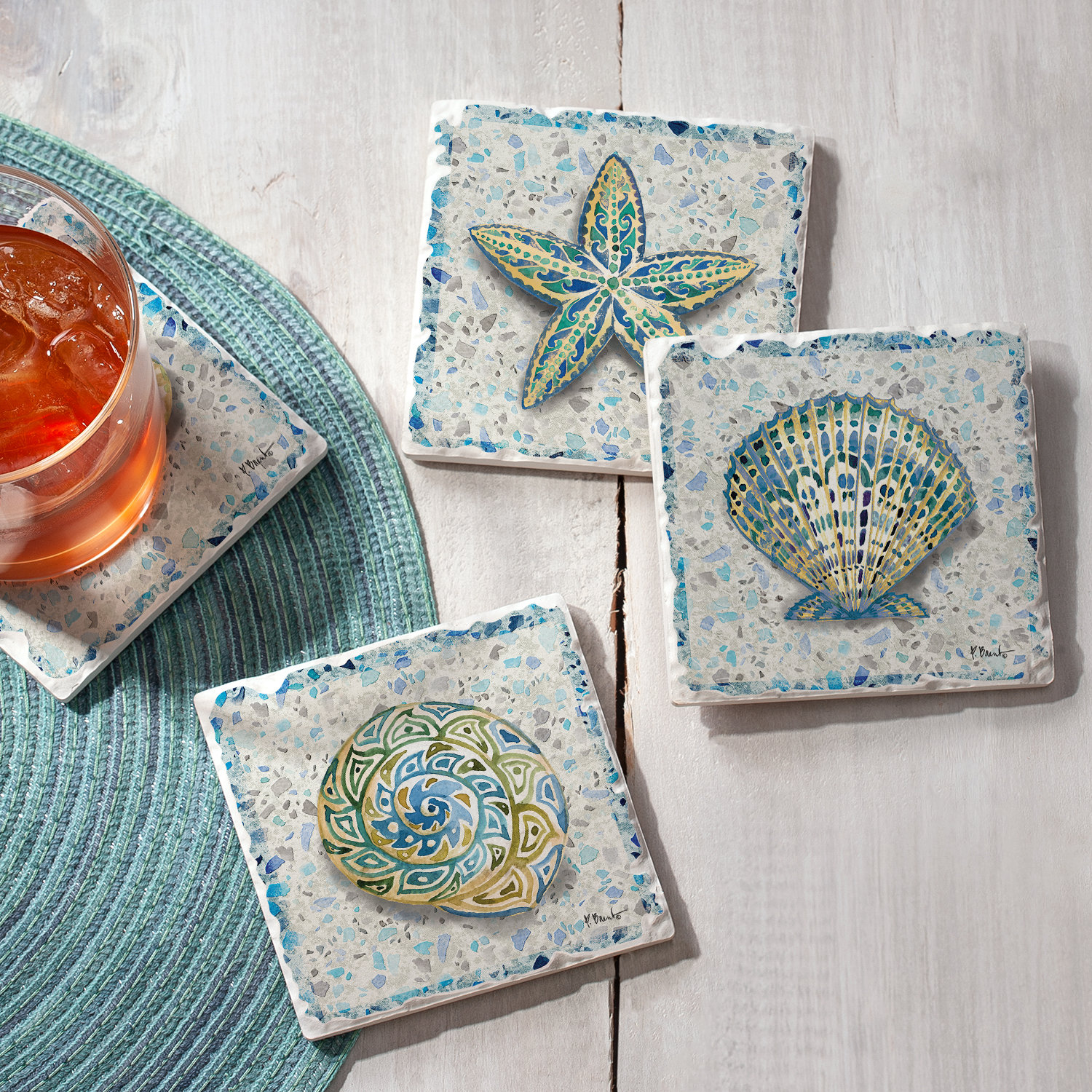 Highland Dunes Embellished Shells 4-Pack Assorted Tumbled Tile Coasters ...