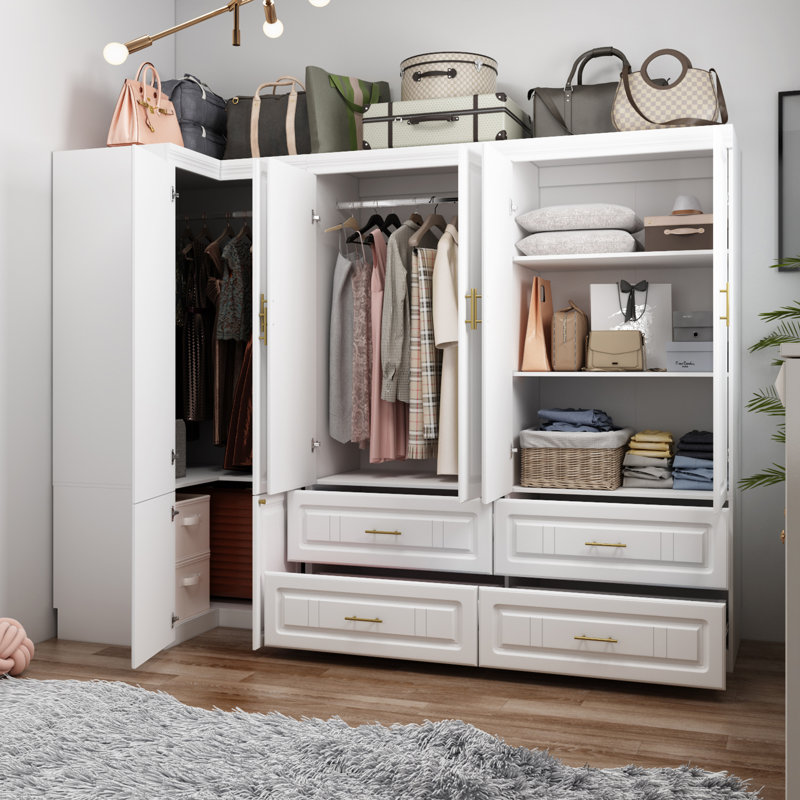 Red Barrel Studio® Large Corner Wardrobe With Gold Handles And Drawers ...