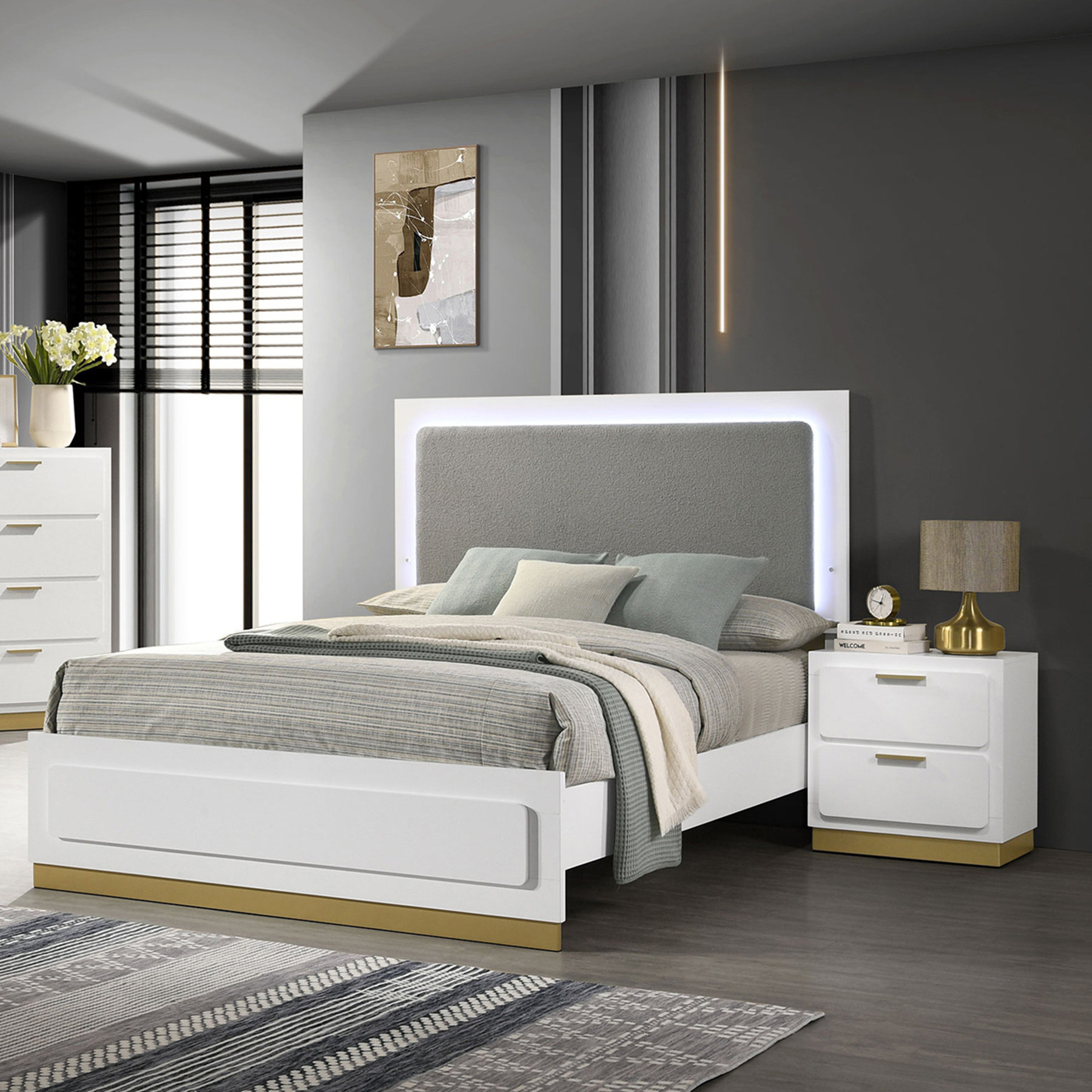 Union Rustic Sophia White Wood Queen LED Panel Bed | Wayfair