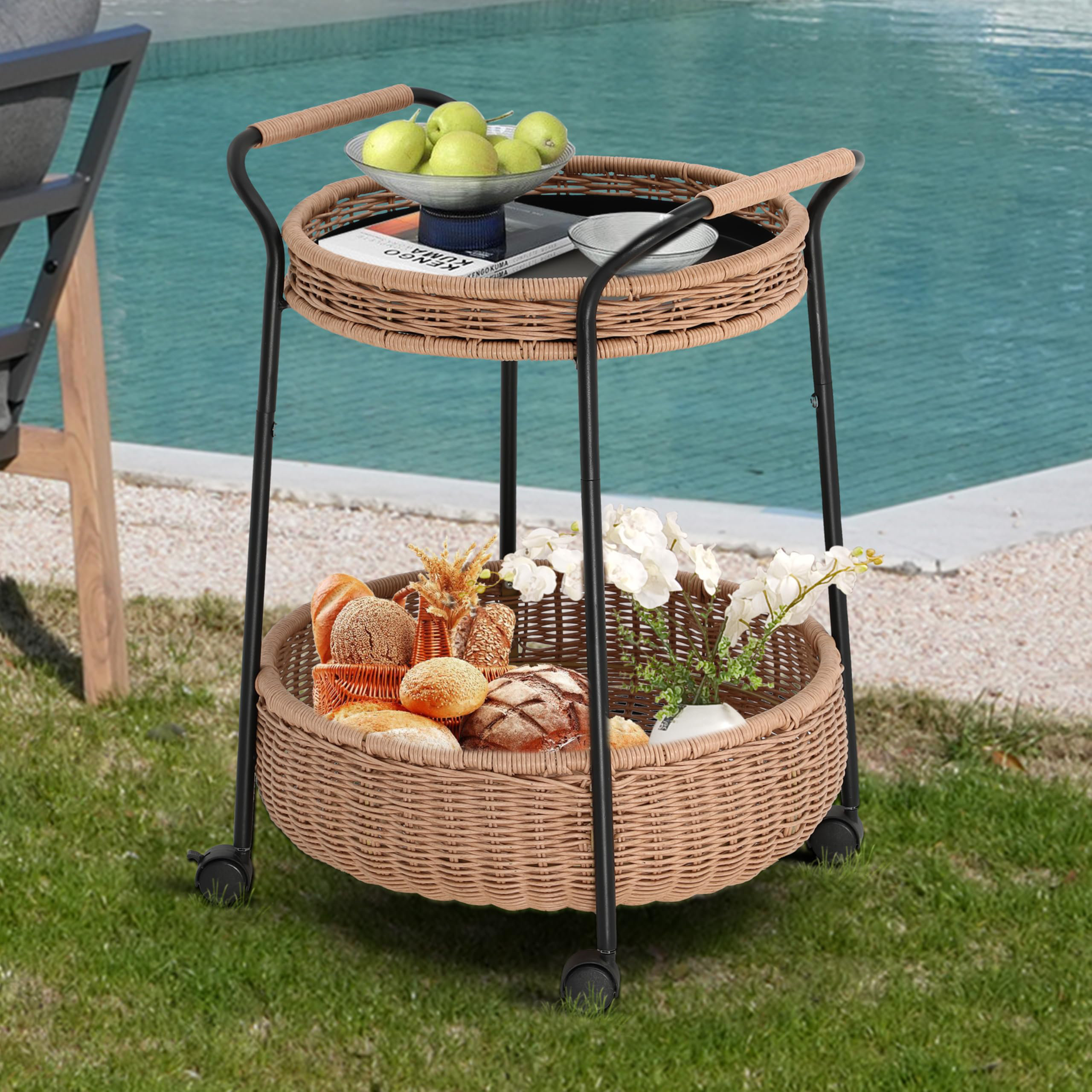 Ebern Designs Bar Cart, 2 Tier Rolling Patio Cart, Utility Rattan ...