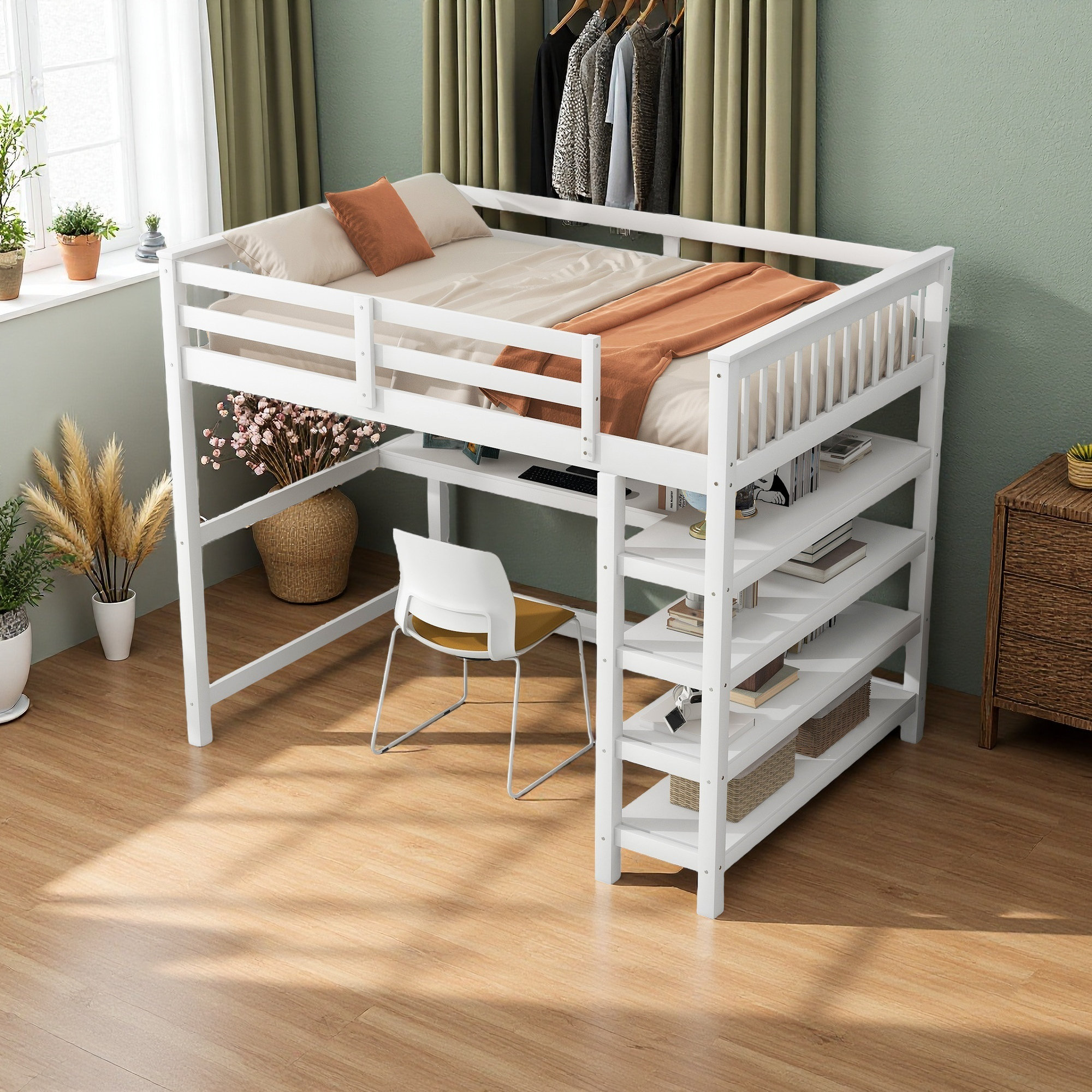 Harriet Bee Full Size Loft Bed With Storage Shelves And Under-Bed Desk ...