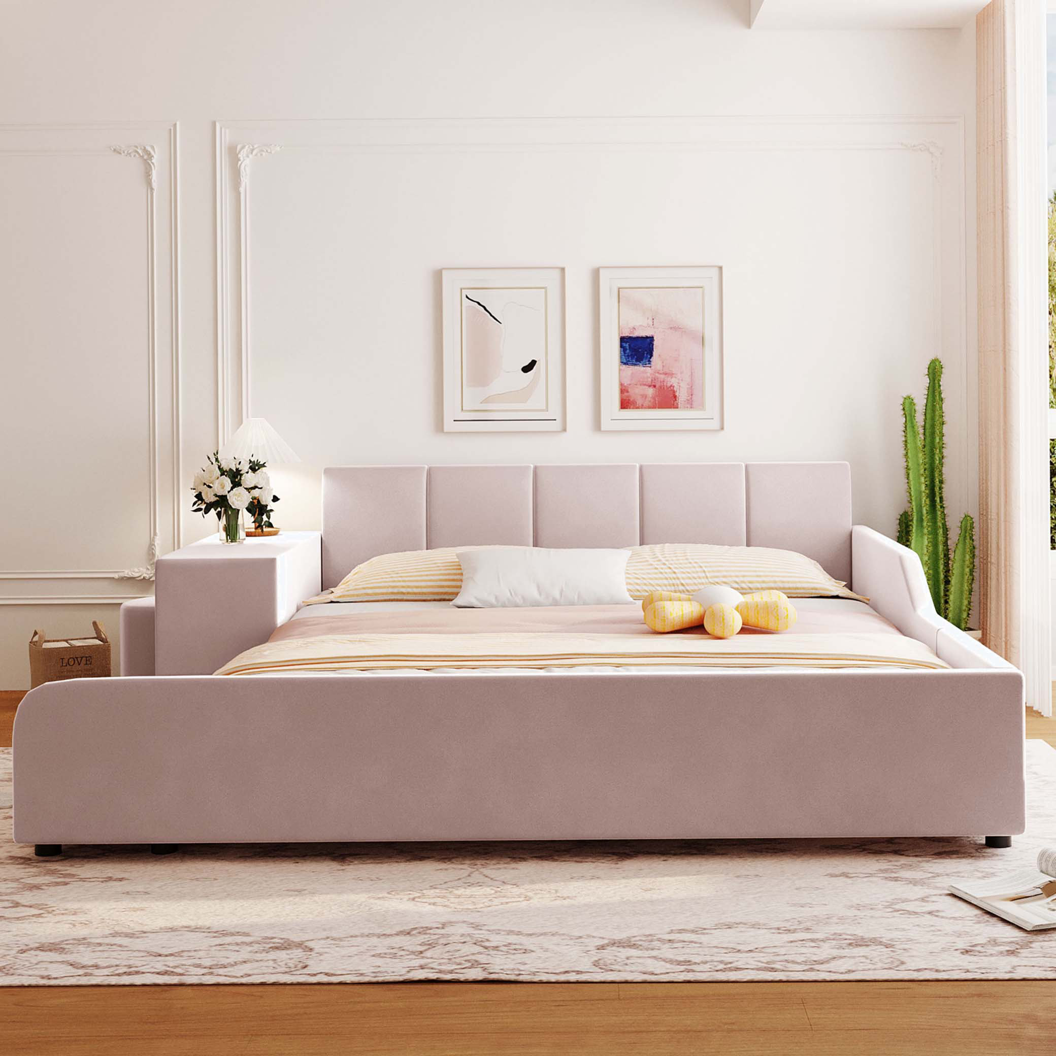 Mercer41 Upholstered Grounded Bed with Bedside Desk and Little Round ...