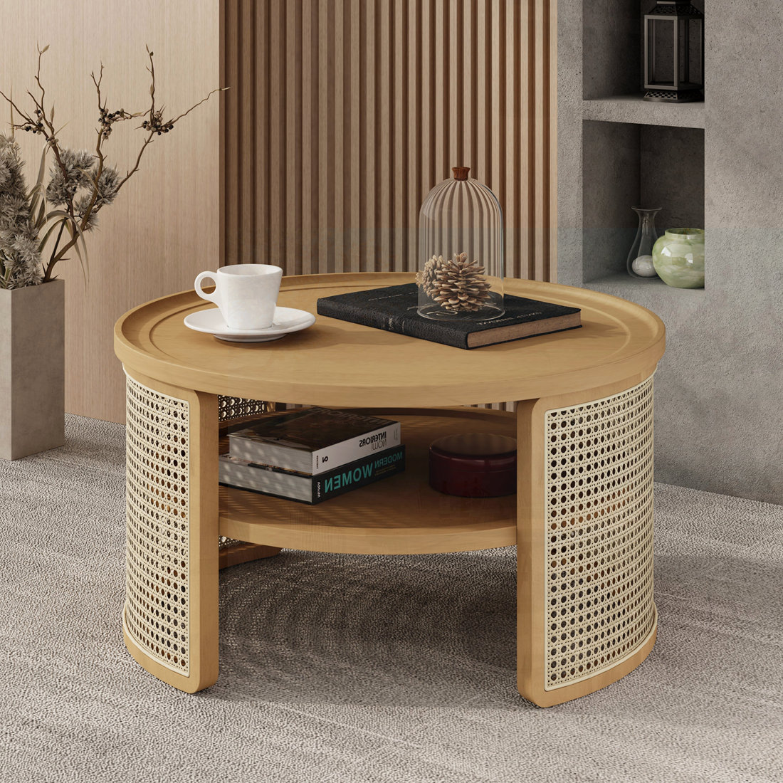 Dakota Fields Natural Wood and Rattan Weave Circular Coffee Table with ...
