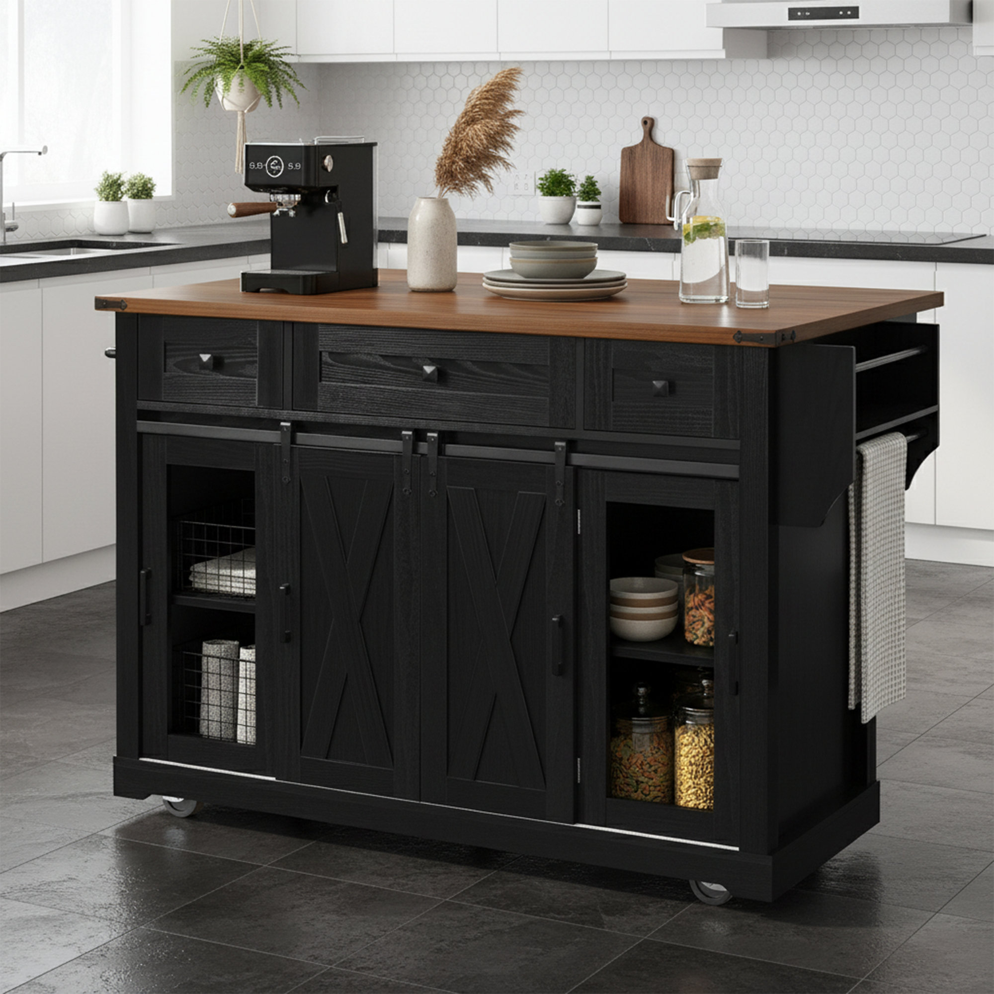 Ophelia & Co. 58'' Farmhouse Kitchen Island With Storage - Black Barn ...
