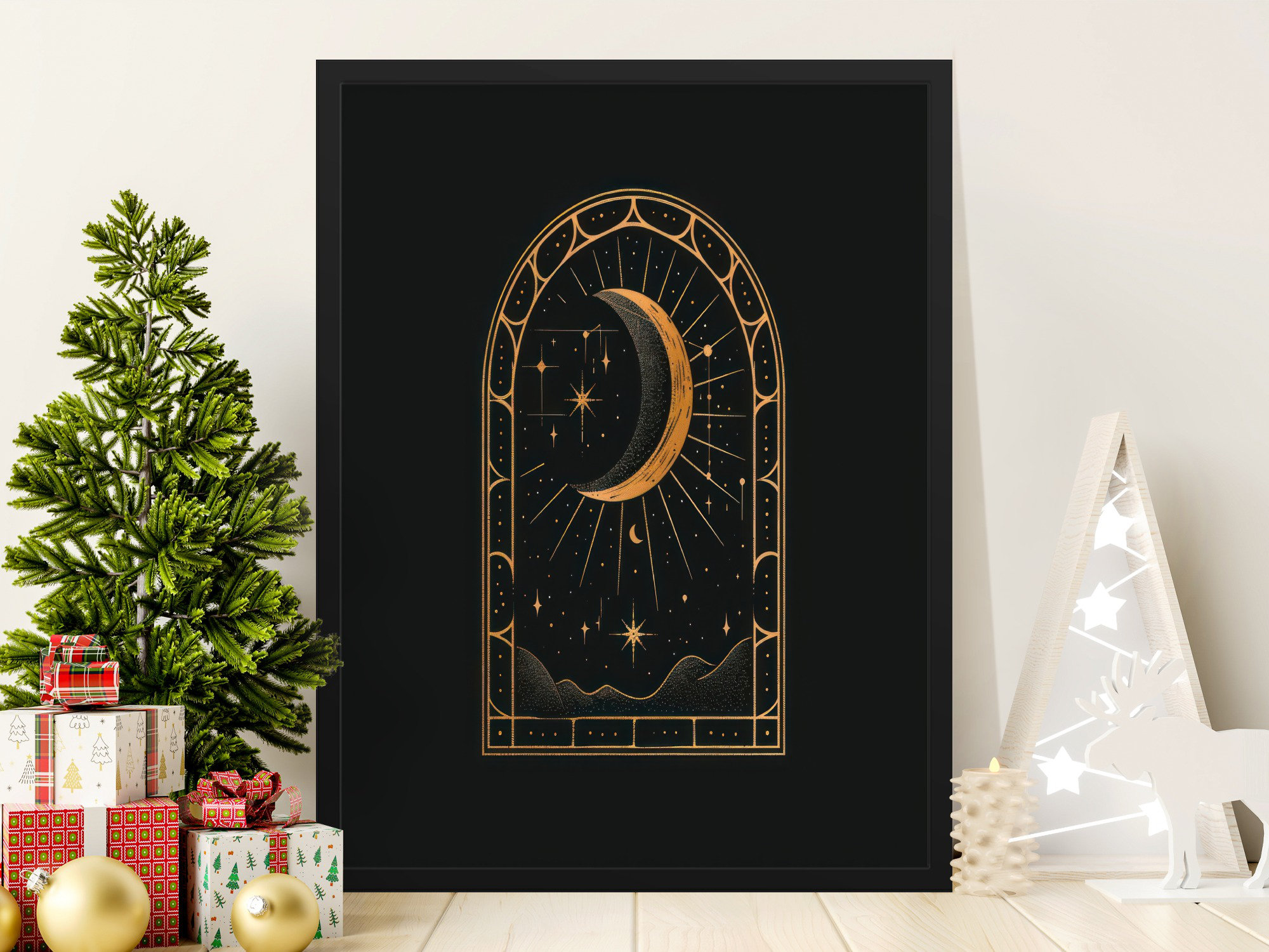 Lark Manor Celestial Crescent Moon and Stars Window Art Framed Poster ...
