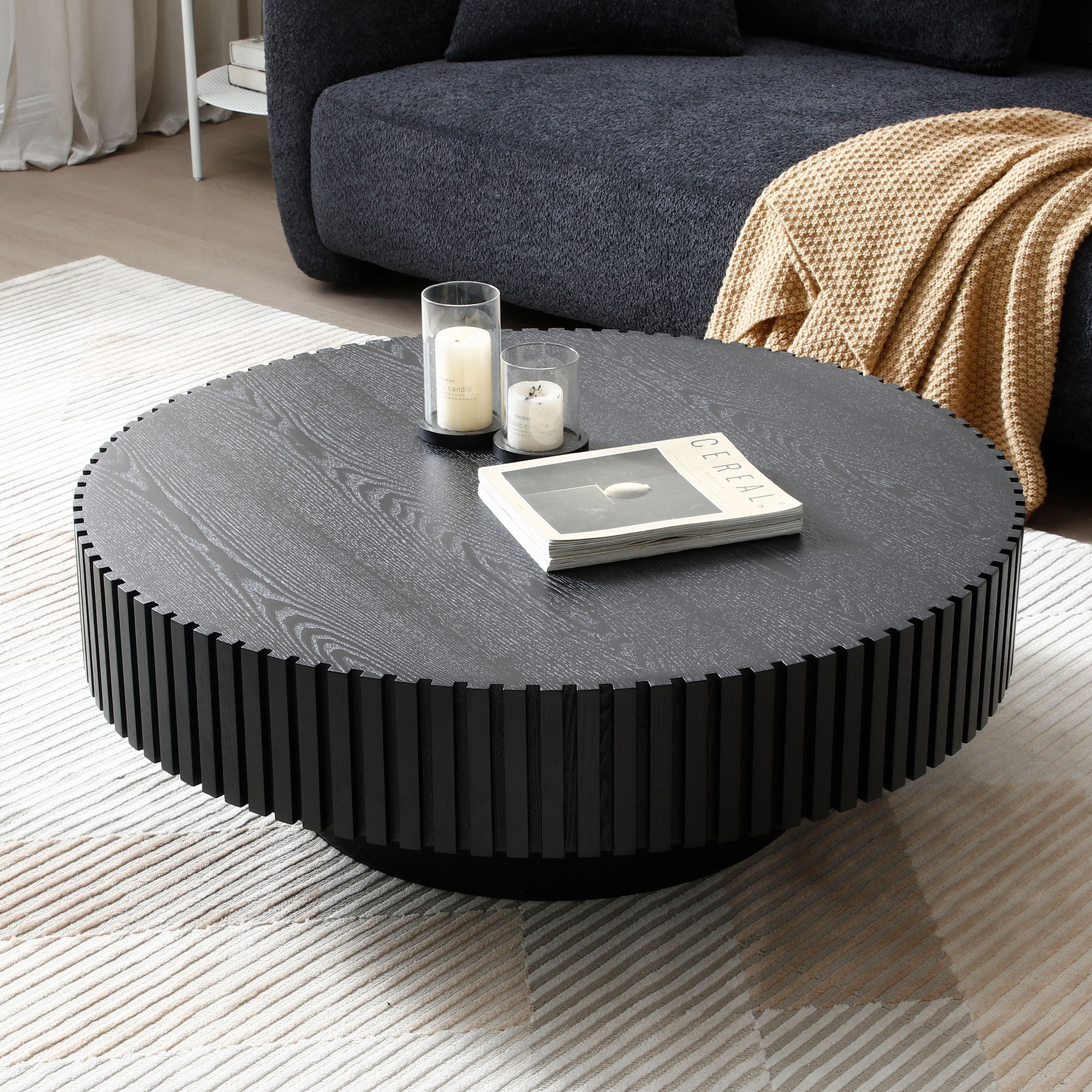Ivy Bronx BLACK MDF Coffee Table 39.37Inch Modern Handcraft Drum Coffee ...