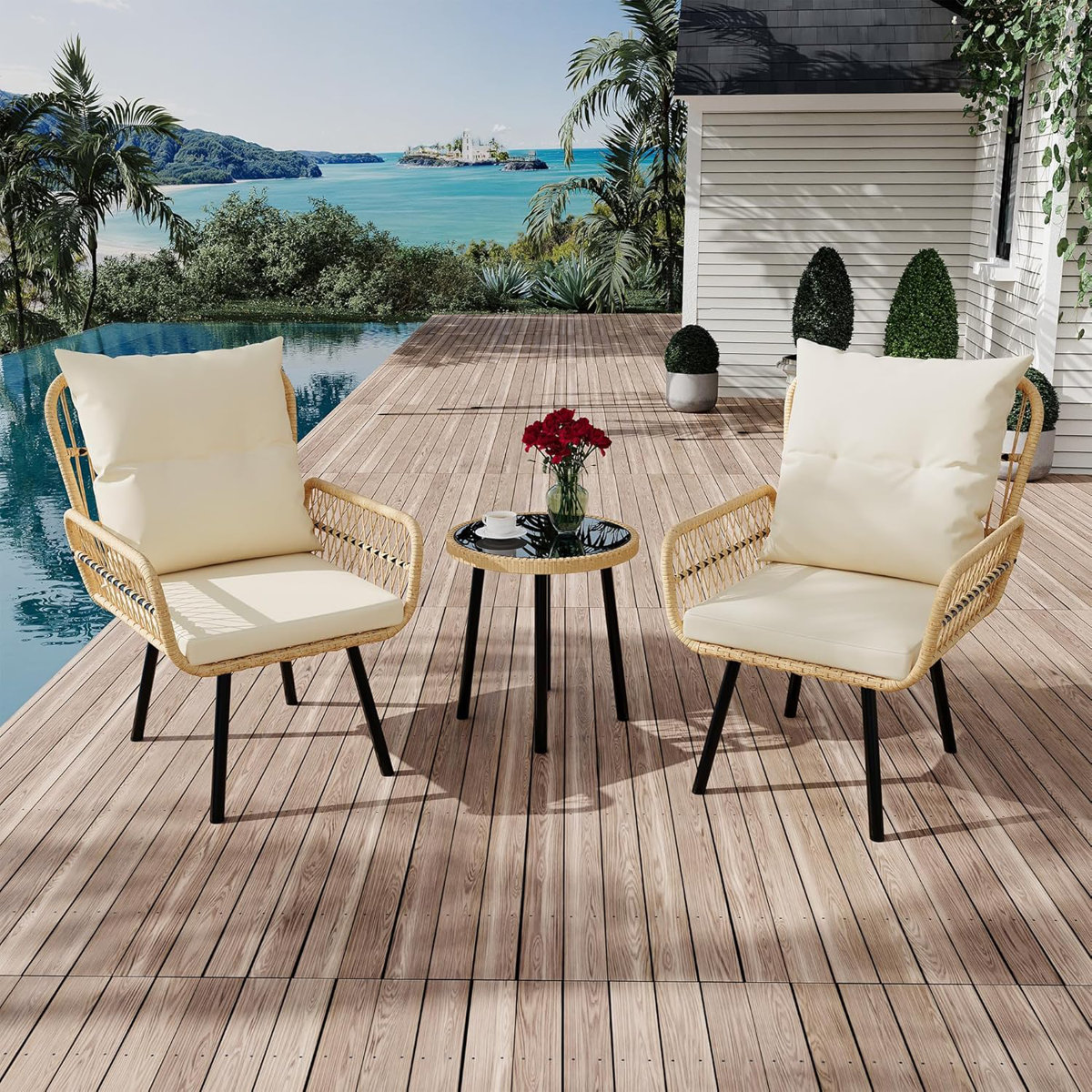 George Oliver 3 Pieces Patio Bistro Set, Outdoor Wicker Conversation ...