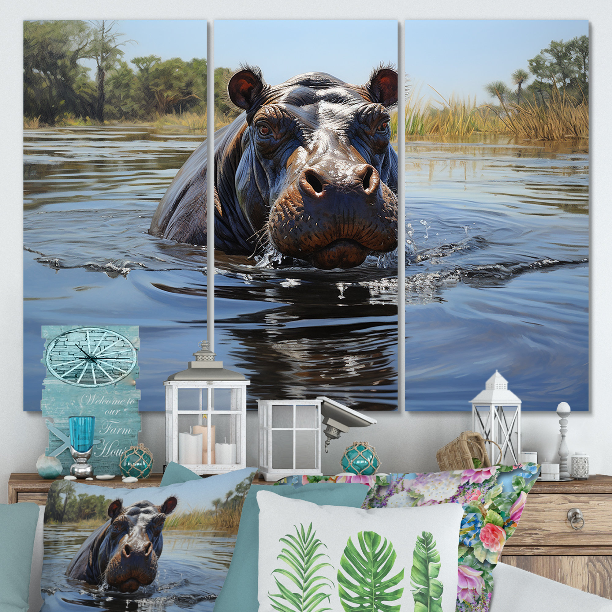 Millwood Pines Grey Hippos Riverbank Daydreams 2 - Hippopotamus Wall ...