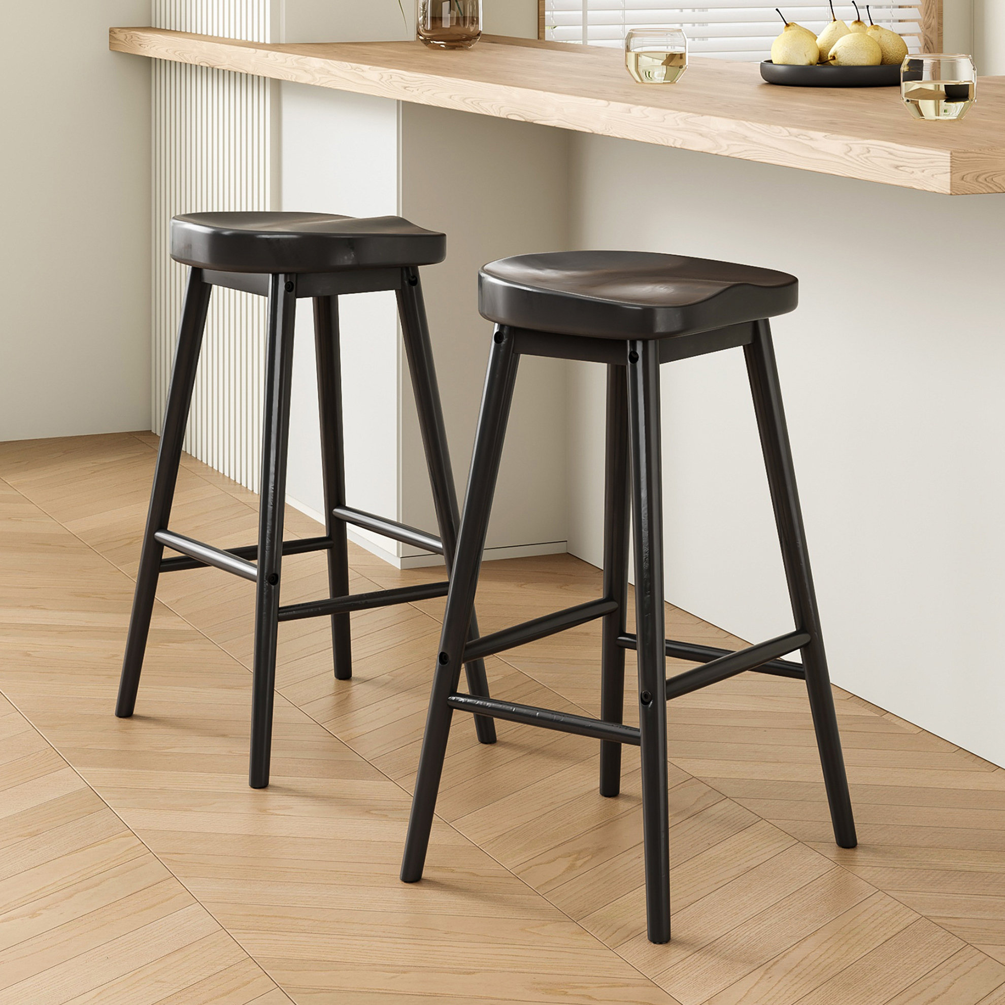 Red Barrel Studio® 30.3'' Wood Bar Stools, Set Of 2, Backless Saddle ...