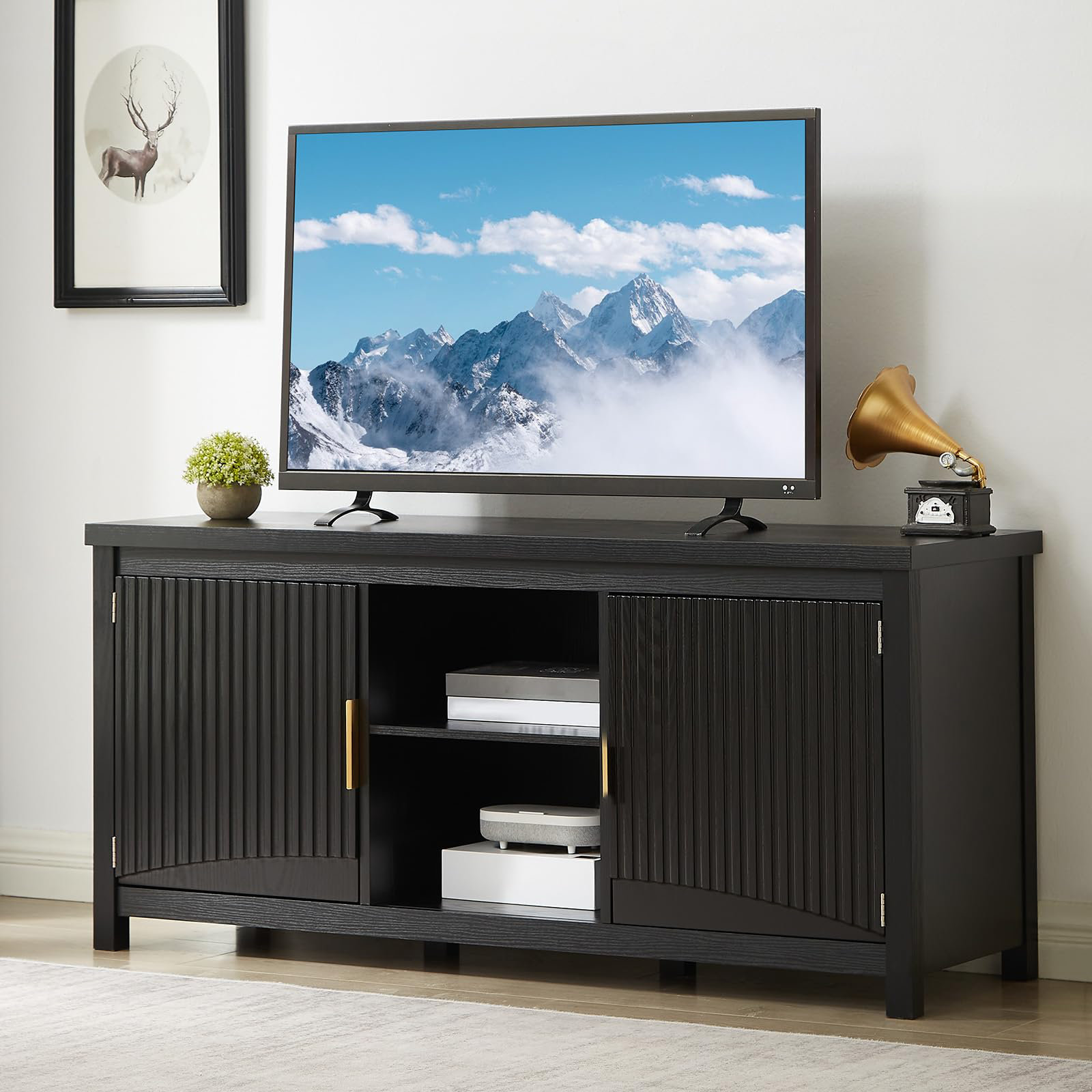 Ebern Designs Fluted Tv Stand, Mid Century Modern Tv Console Television Stands For 50 55 Inch ...