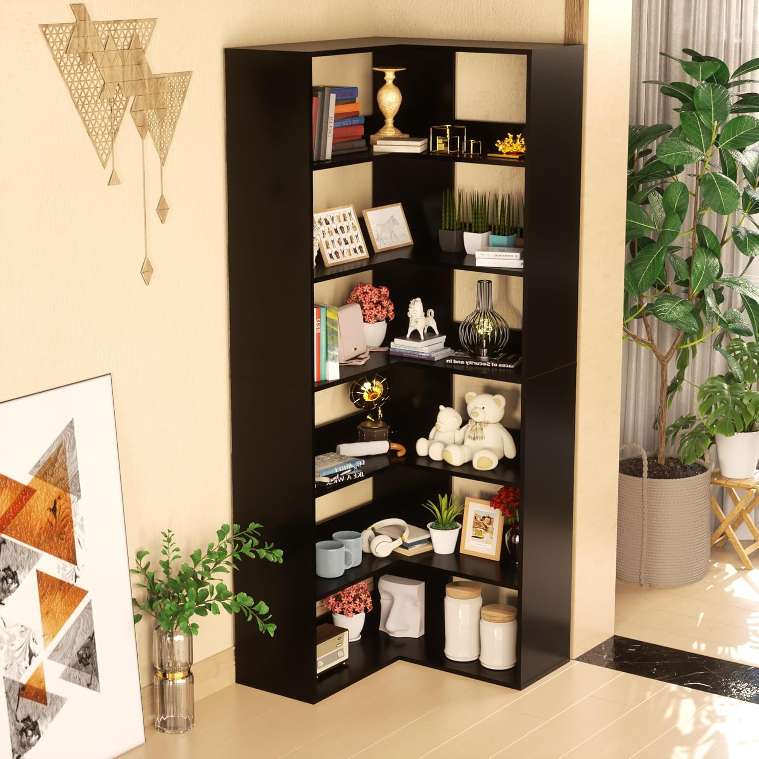 Leader Books 71" Tall Black Corner Bookshelf, 6 Tier L-Shape Corner ...