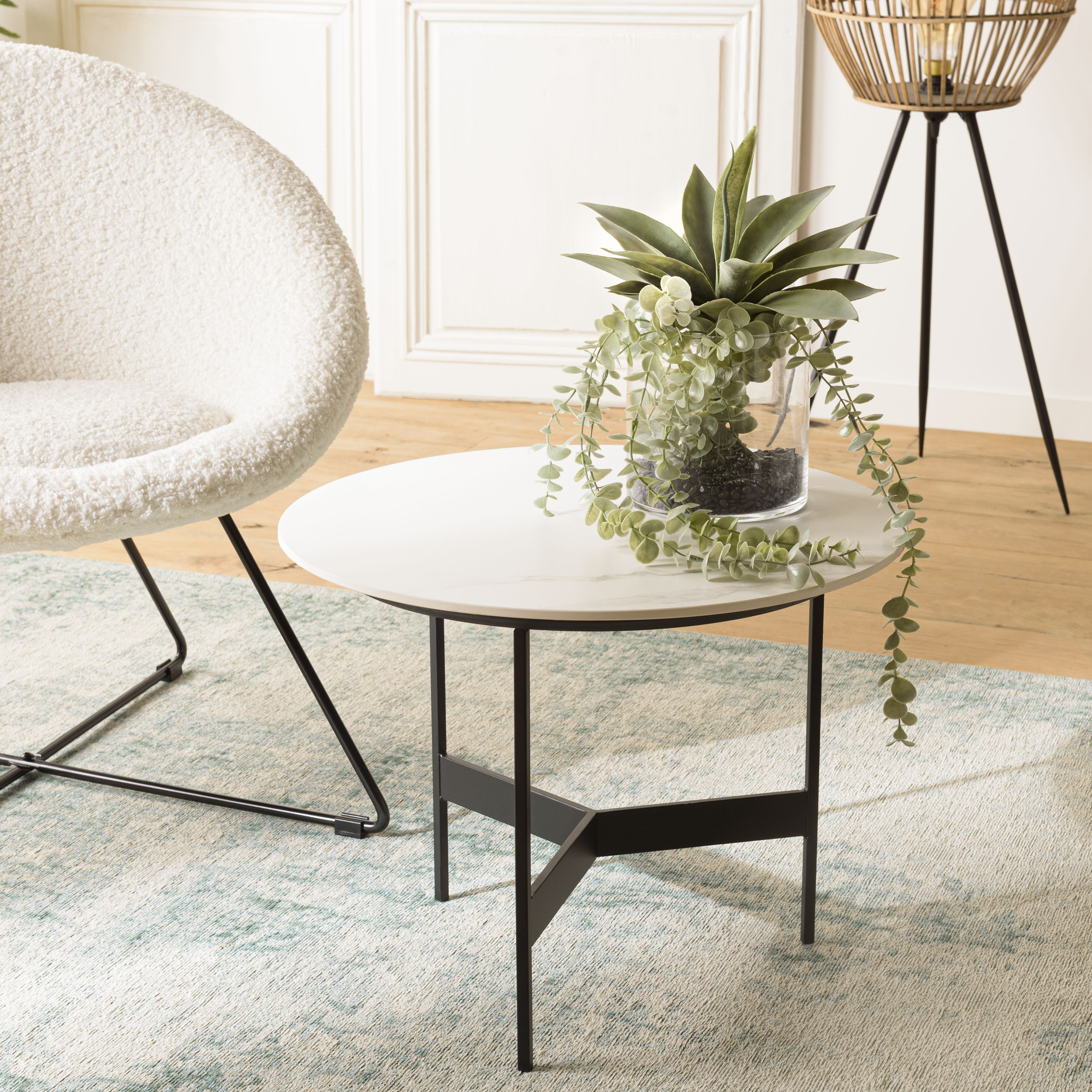 Ivy Bronx Round Coffee Table 50X50cm Marble Effect Top Metal Base ...