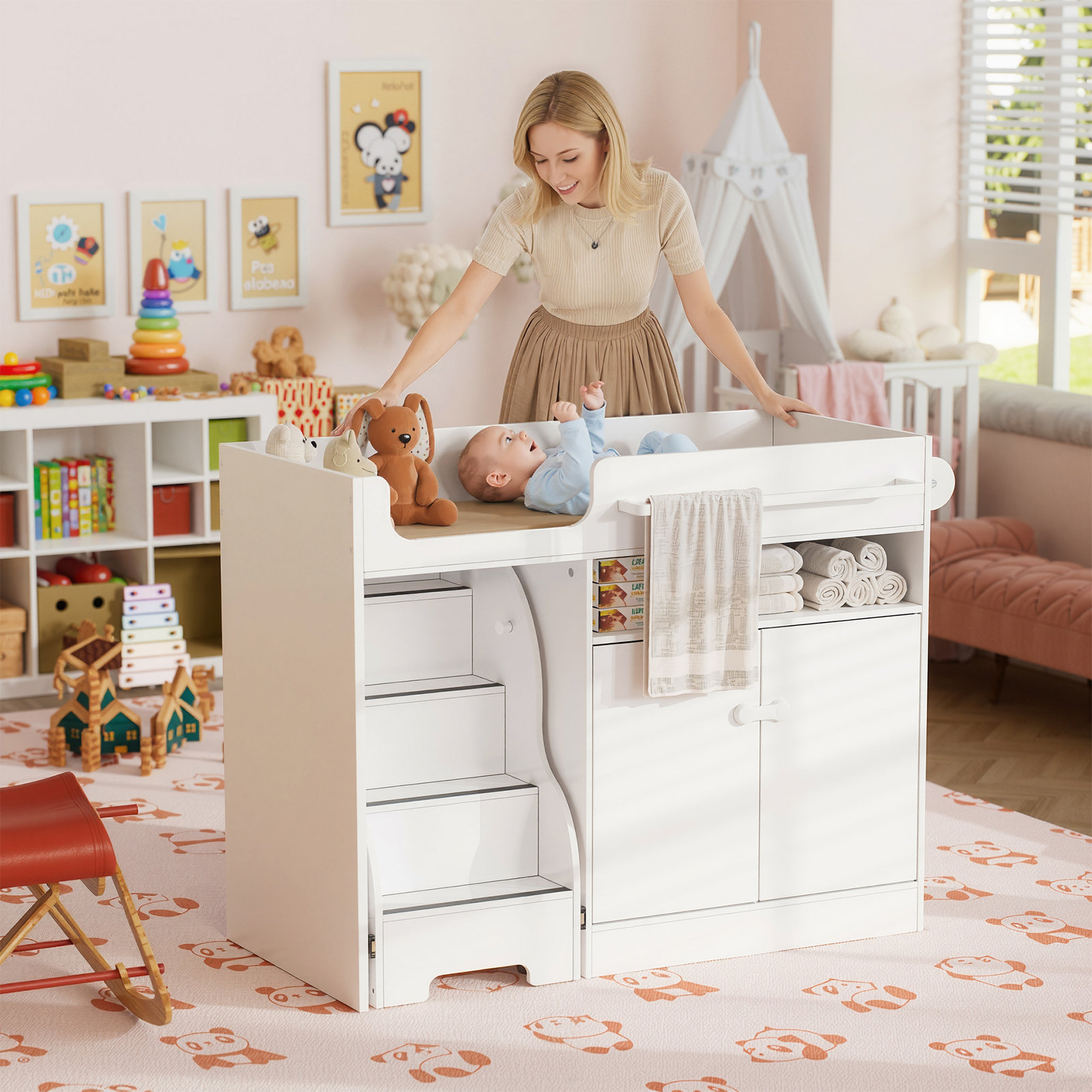 Latitude Run® Baby Changing Table With Stairs & Storage, Nursery ...