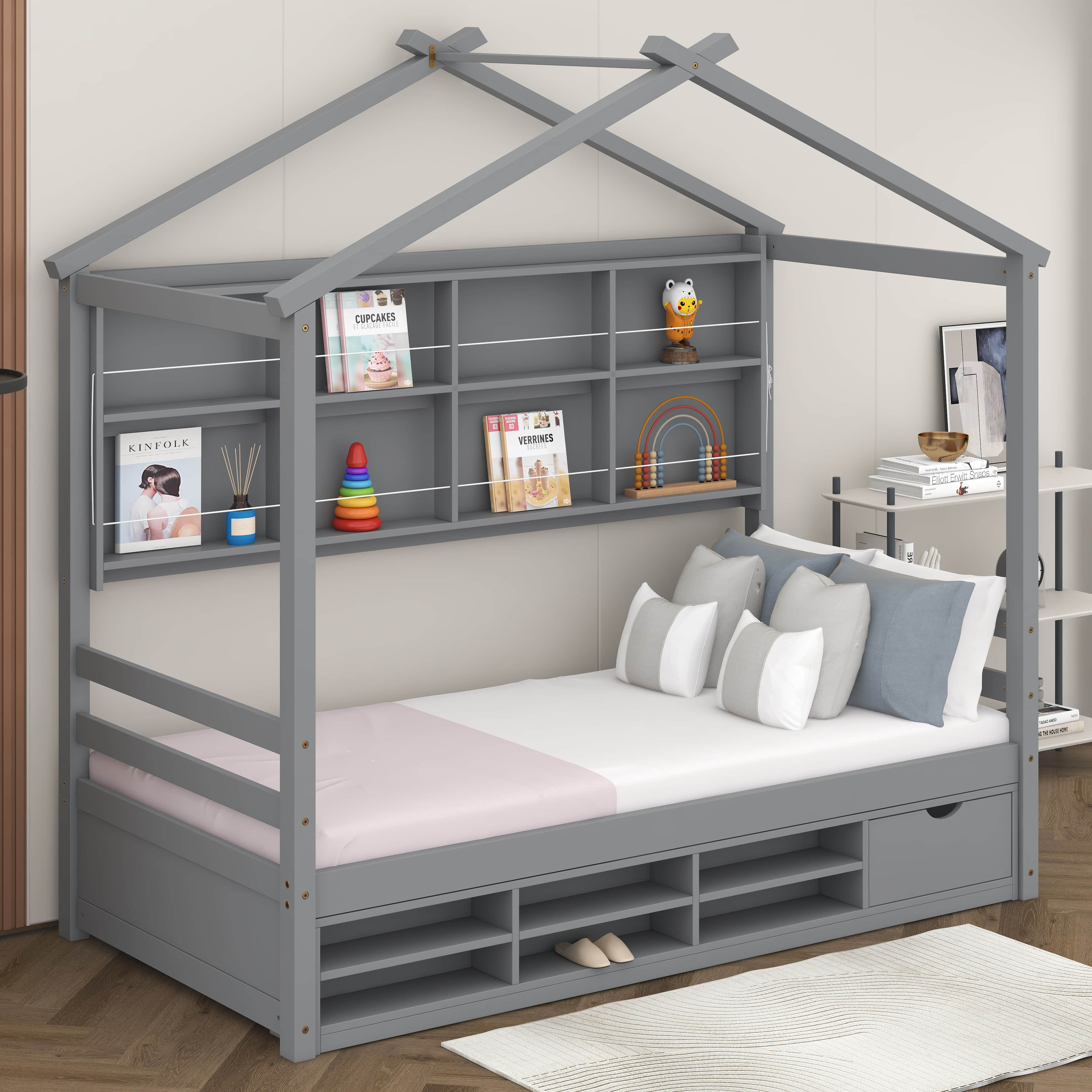 Ebern Designs House Bed With Bedside-Shelves And Under Bed Storage Unit ...