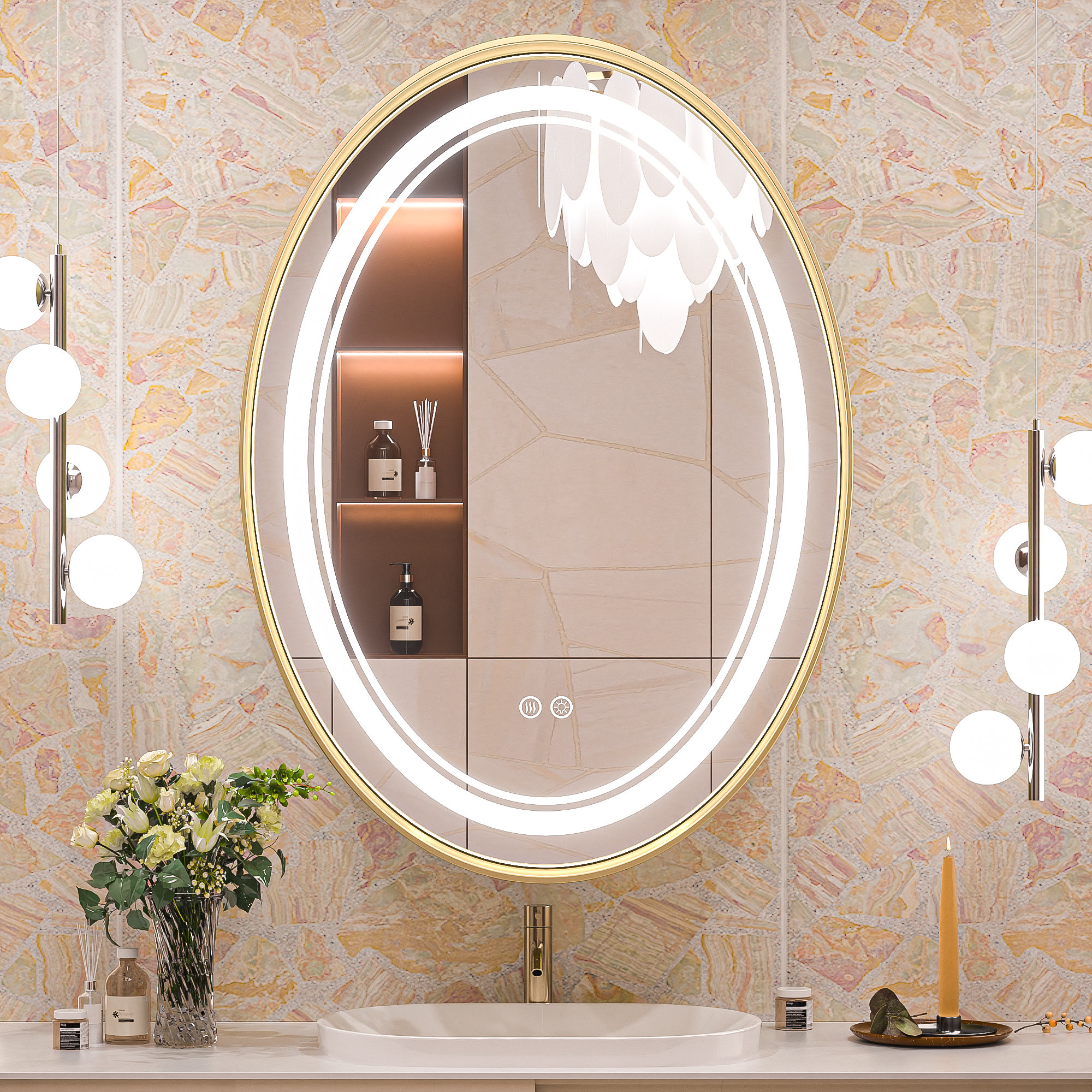 Orren Ellis Vinia Oval LED Lighted Bathroom Vanity Mirror Dimmable and ...