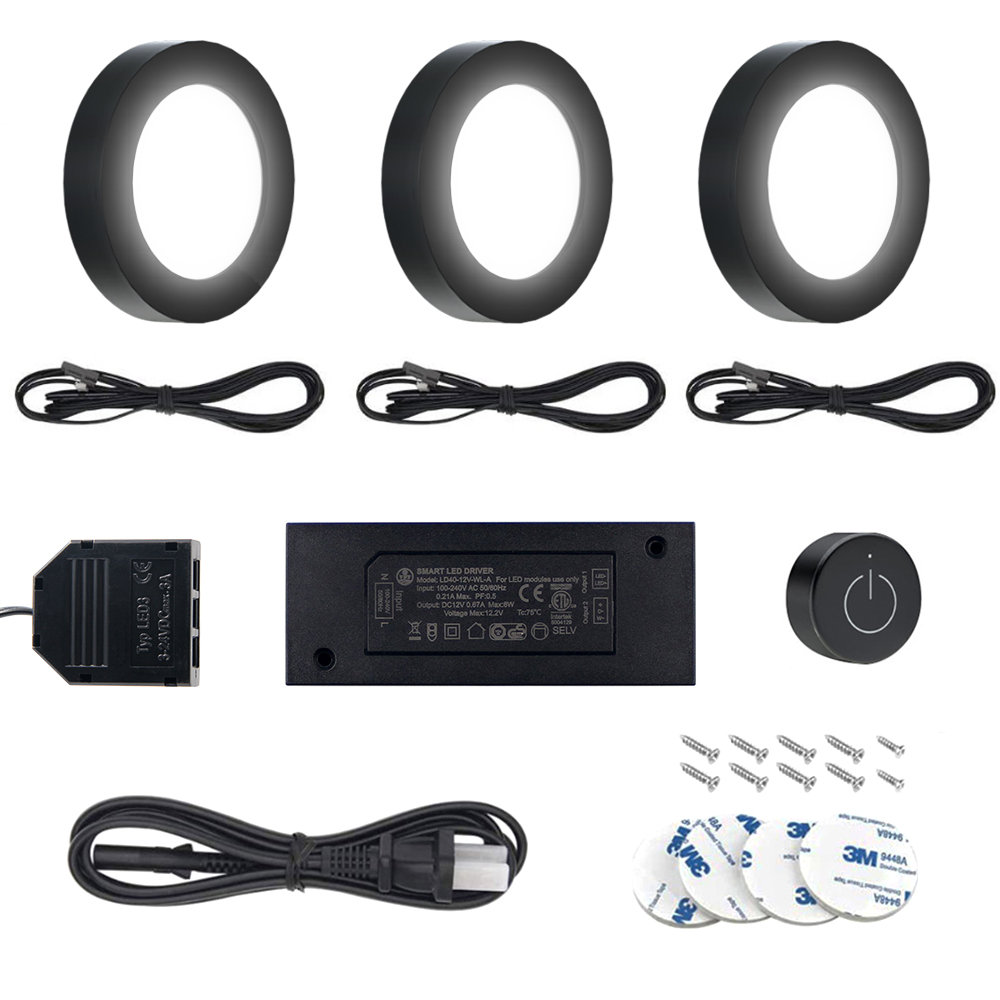 VST 3 Pack 4000K Mini Puck Light with Wireless Dimmer 12V 2W/pc for ...