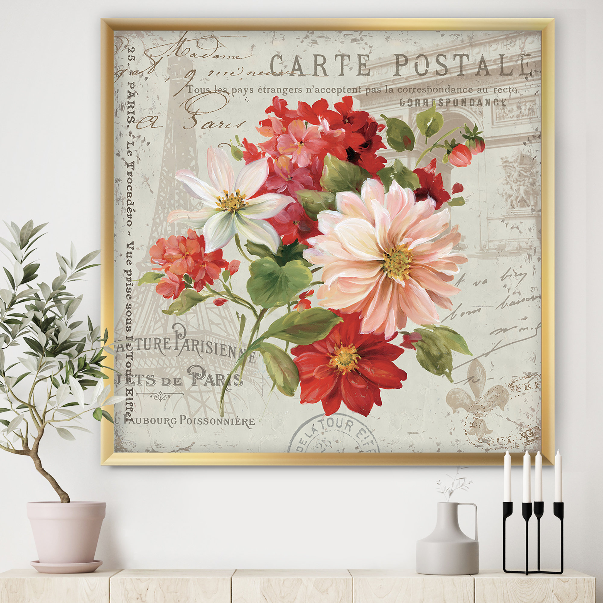 East Urban Home 'Red Painted Flowers on Vintage Postcard II' Picture ...