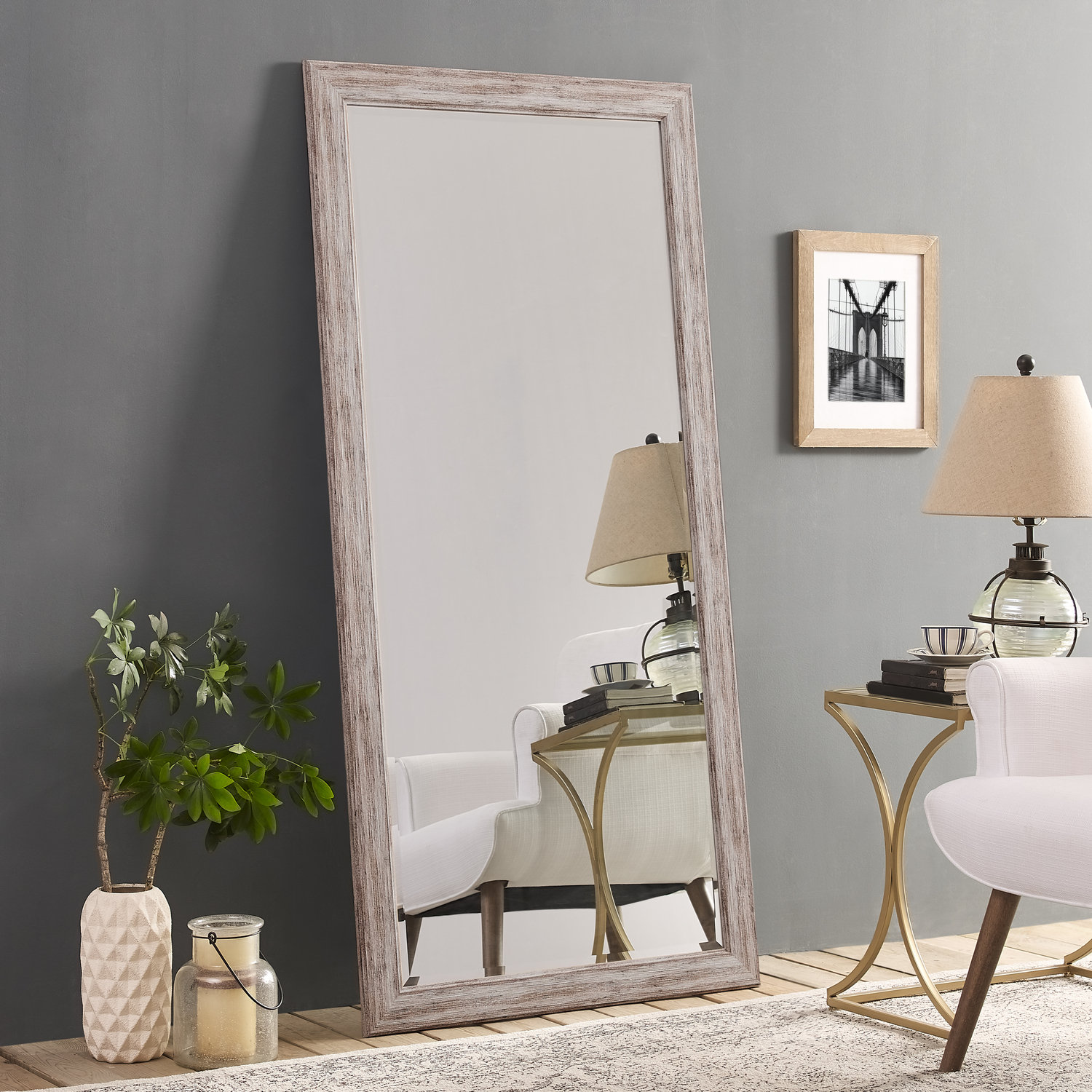 Gracie Oaks Sailee Rectangle Full Length Mirror, Faux Wood Farmhouse ...