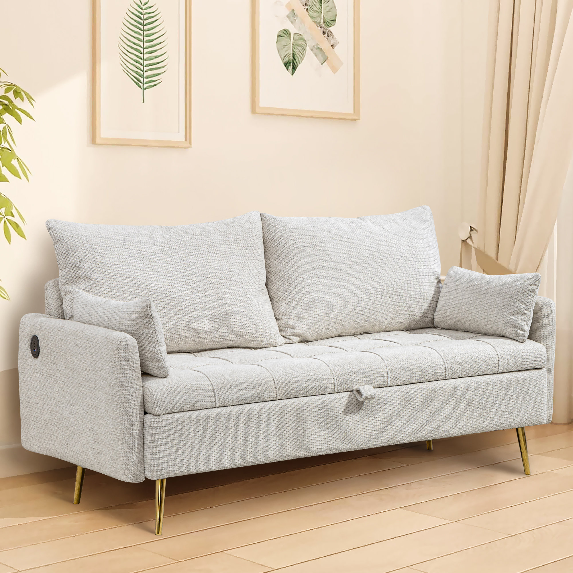 Mercer41 60'' Velvet Arms Tufted Loveseat Sofa Couch with Storage,USB ...