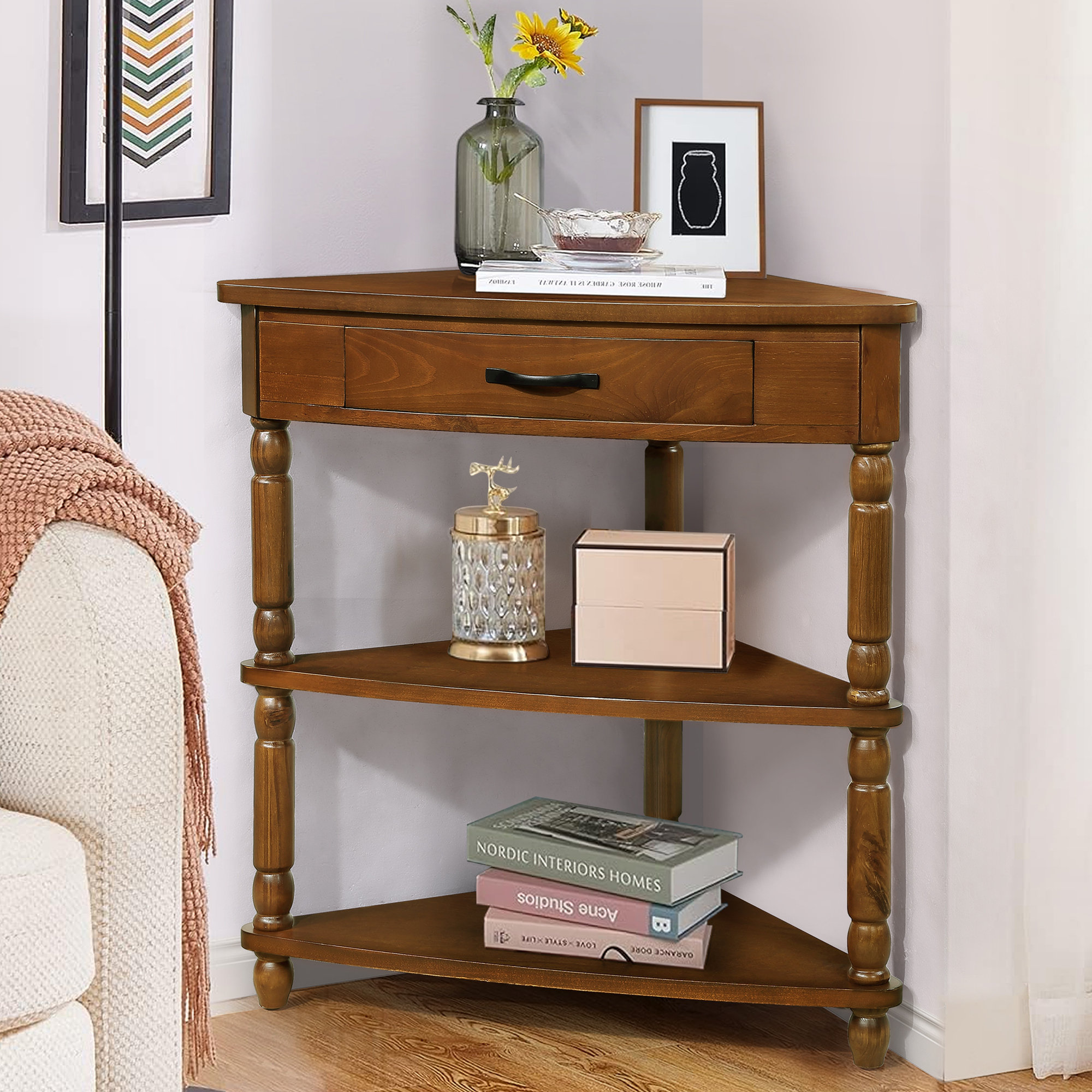 Alcott Hill® 33.8'' Triangle Corner Table, Wood Corner Side Table For Small Spaces Living Room ...