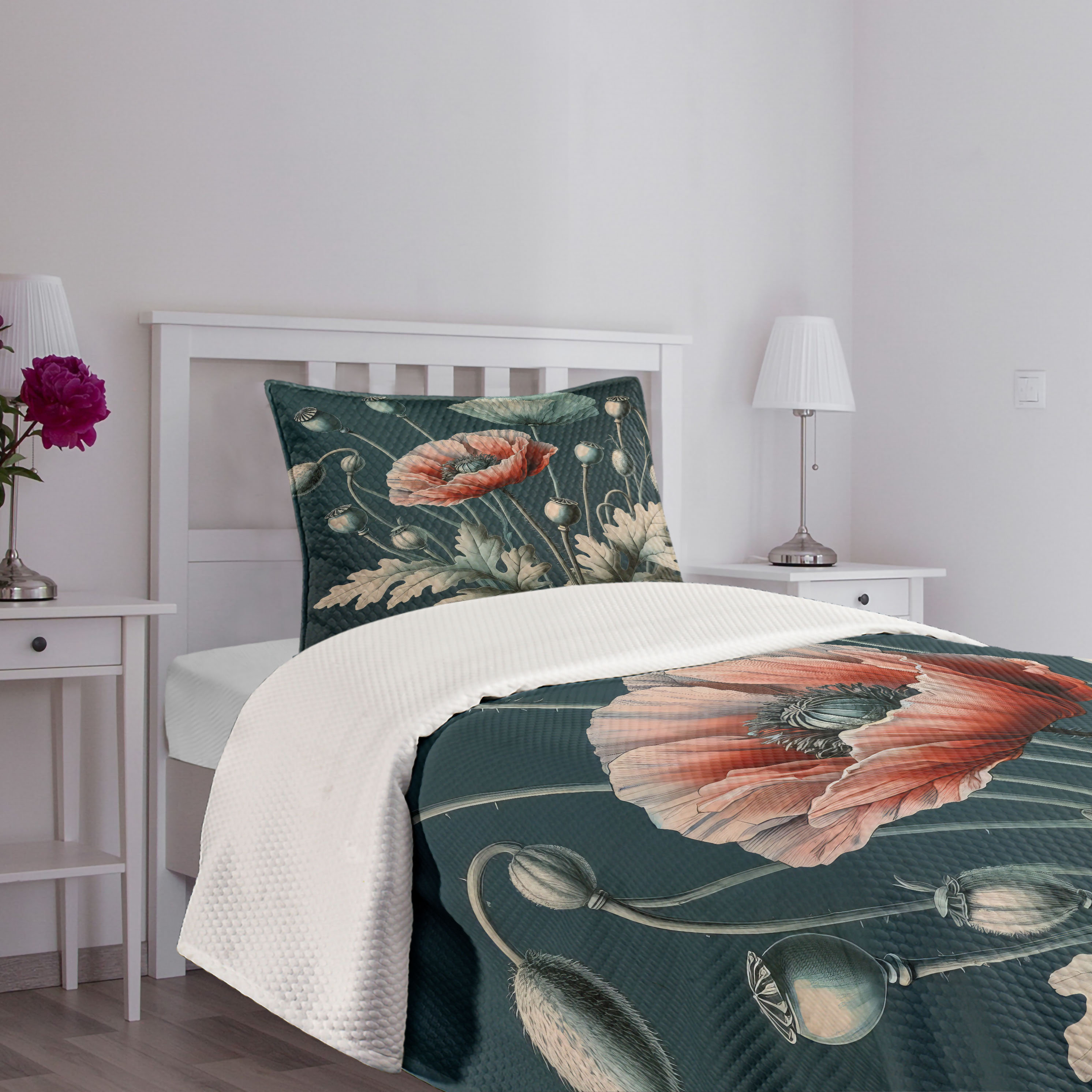 Ambesonne Vintage Bedspread Set Jungle Greenery Poppy Print Dark Teal ...