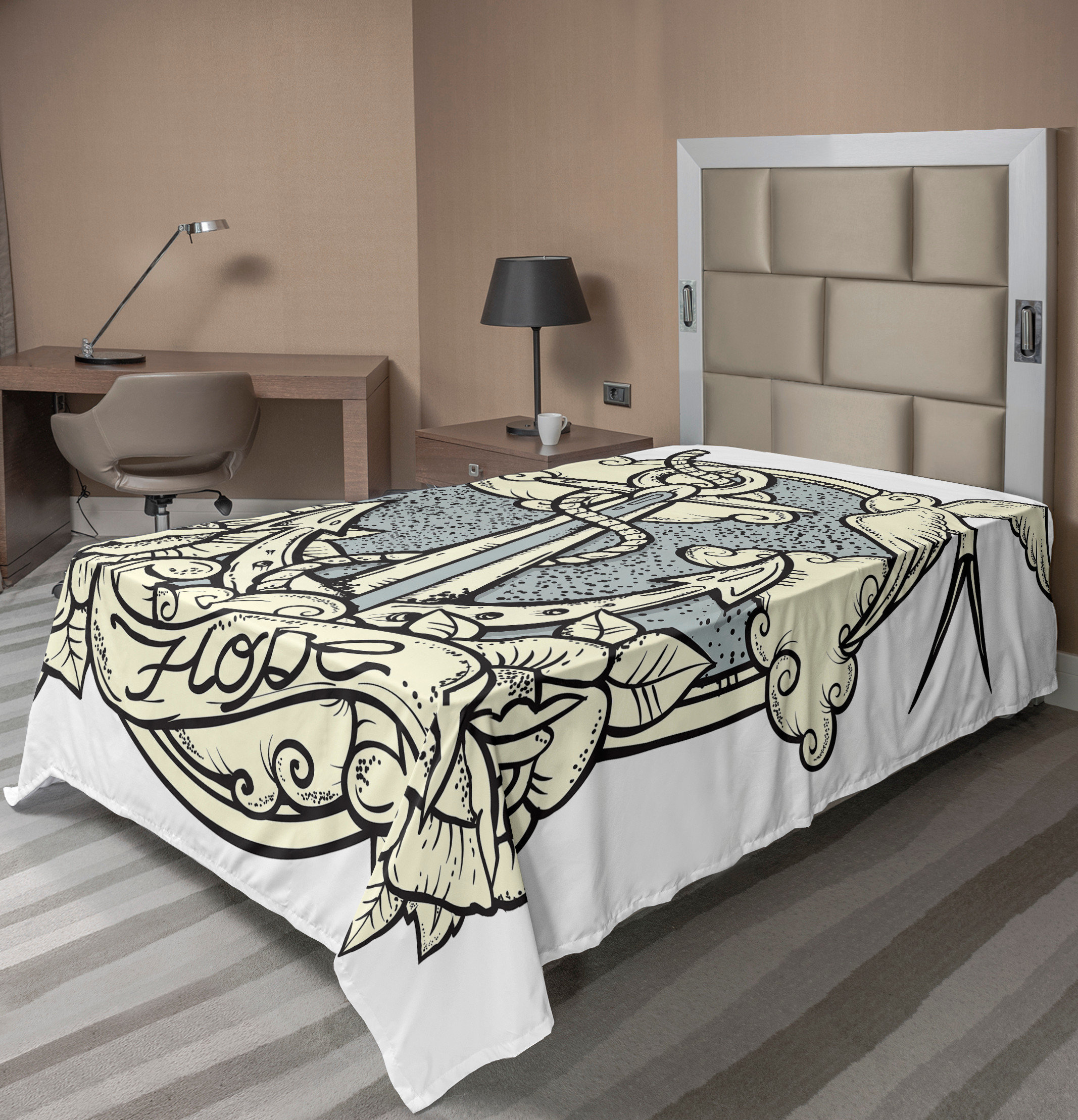 Ambesonne Antique Top Flat Sheet Anchor and Roses Clouds Eggshell Grey ...