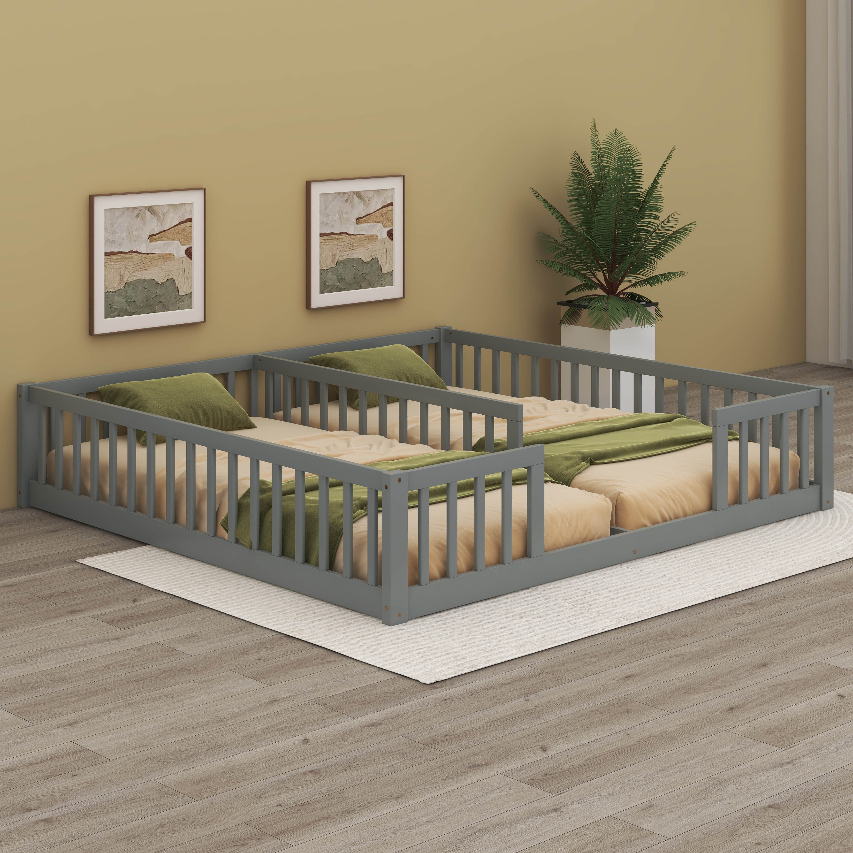 Winston Porter Vinchenzo Double Twin Floor Bed With Fence, Guardrails, Without Door | Wayfair