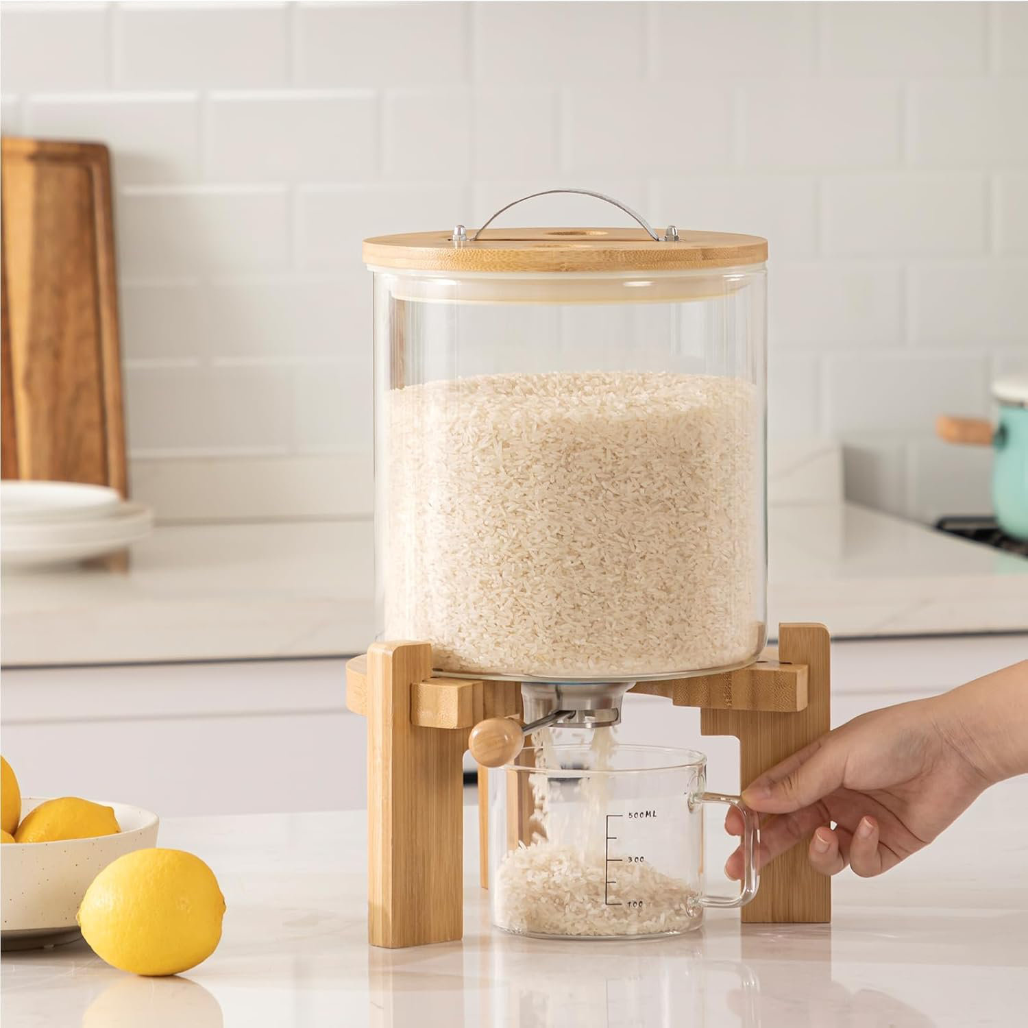 Prep & Savour Glass Rice Dispenser With Wooden Stand Flour And Cereal ...