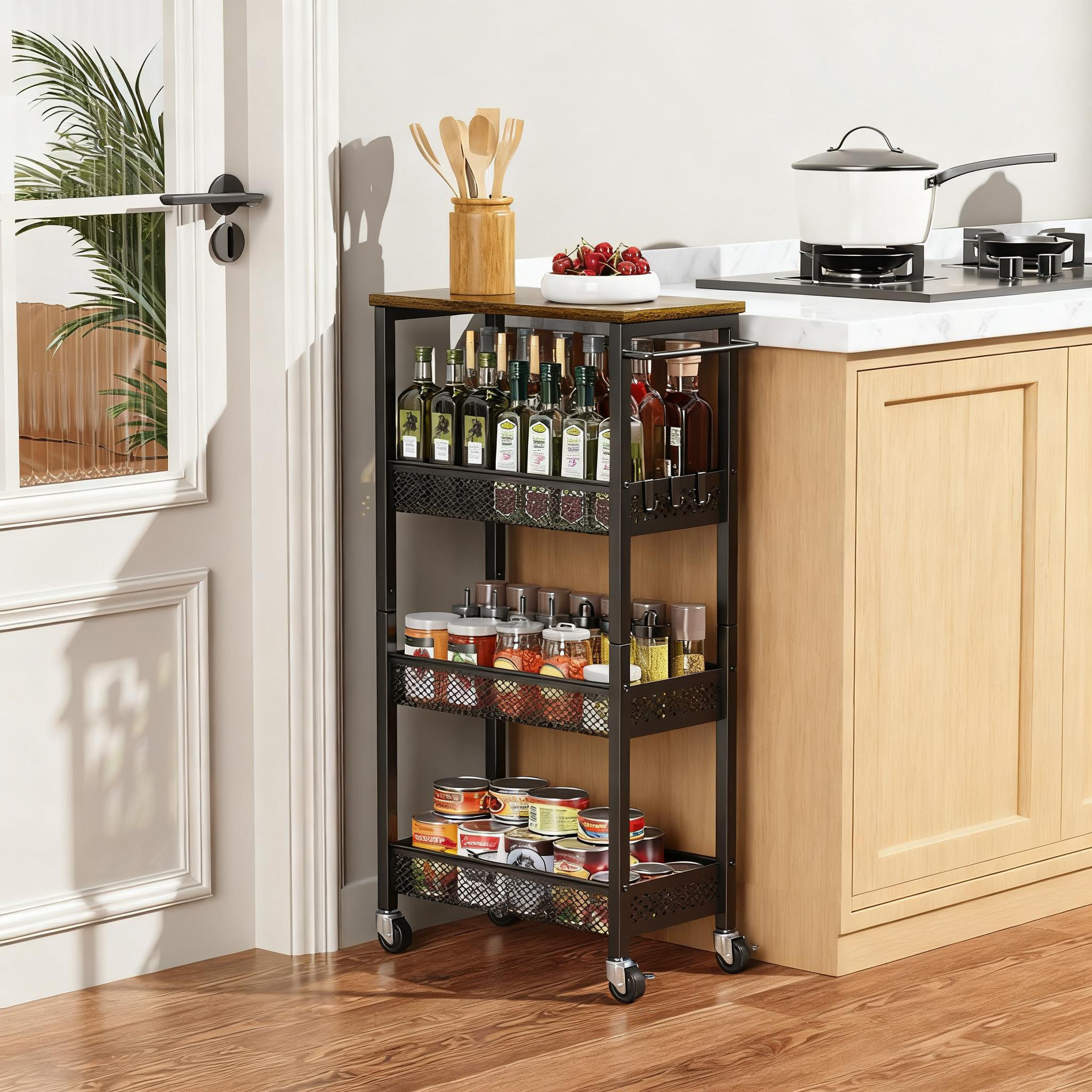 Ebern Designs 4-Tier Slim Rolling Storage Cart With Wood Top, Narrow ...