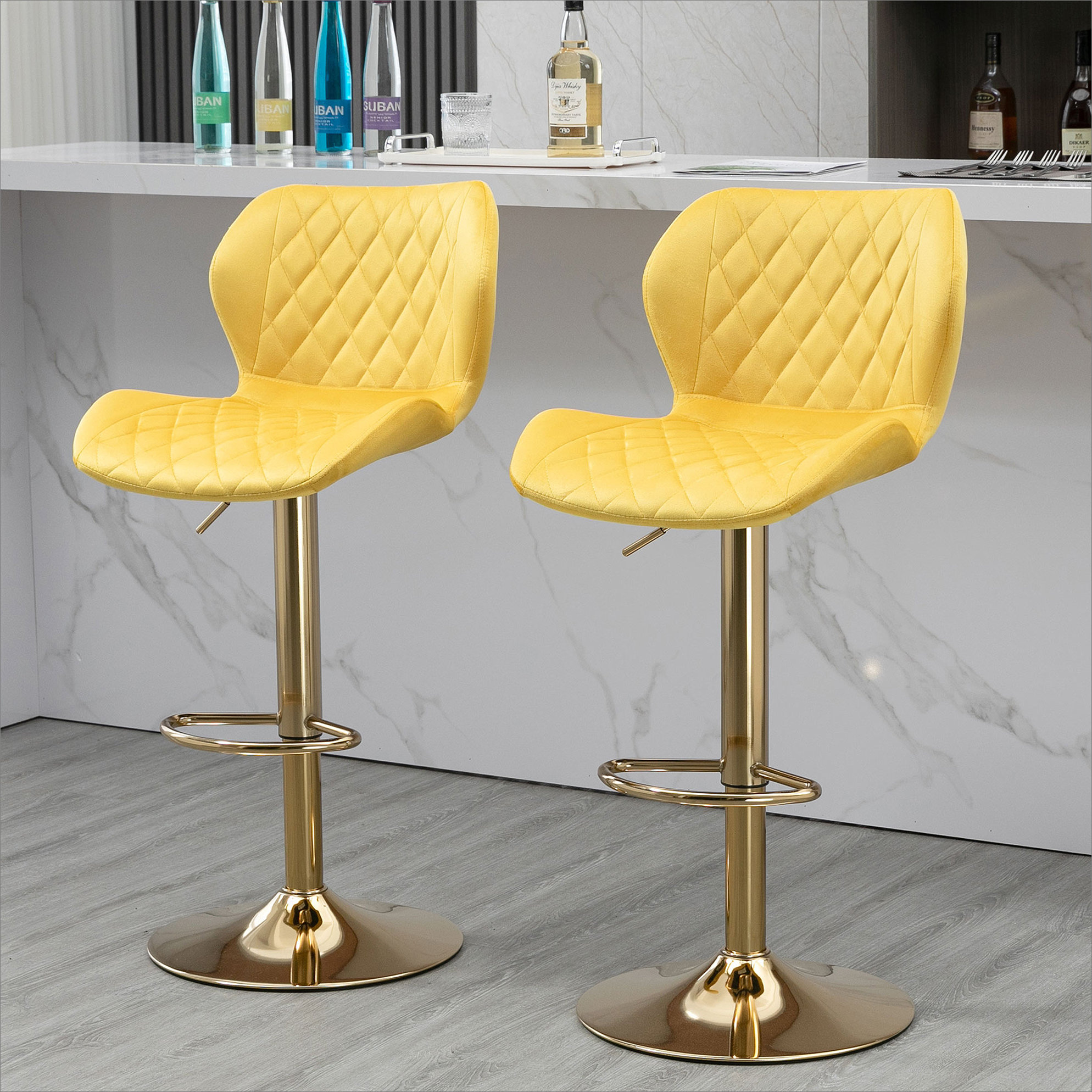 Mercer41 Yellow Adjustable Height Swivel Metal Pedestal Bar Stools with ...