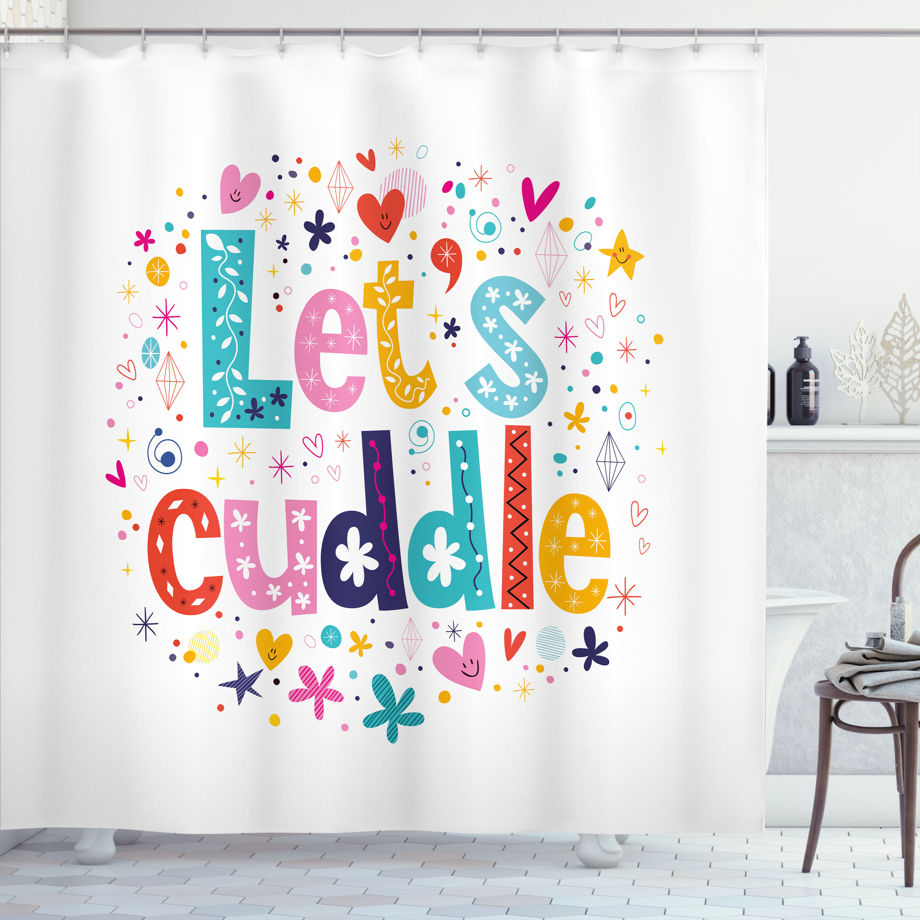 East Urban Home Lets Cuddle Shower Curtain Colorful and Fun Doodle ...