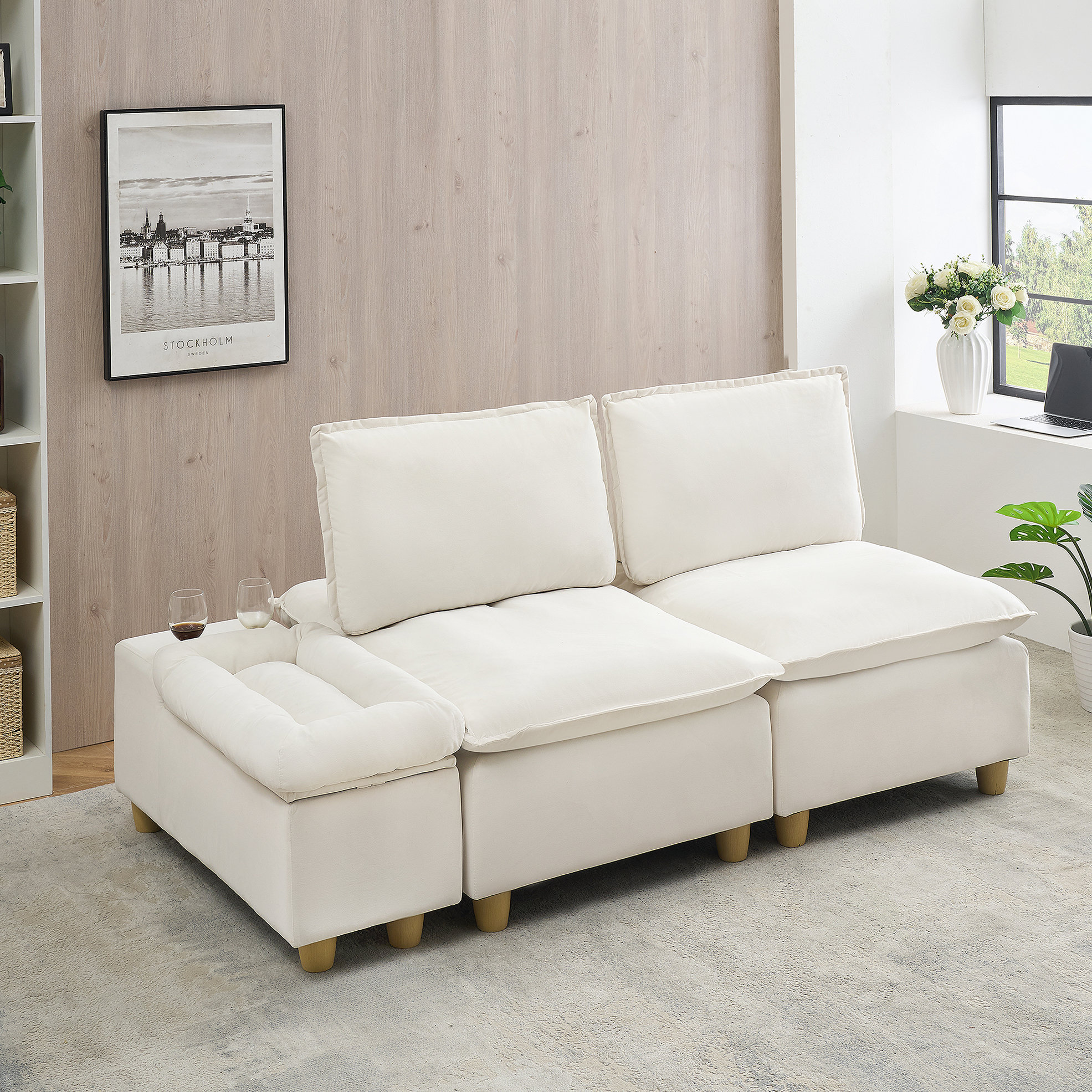 BOSTINS Minimalist Double-Seater Flannel Sofa With Cup Holders And ...