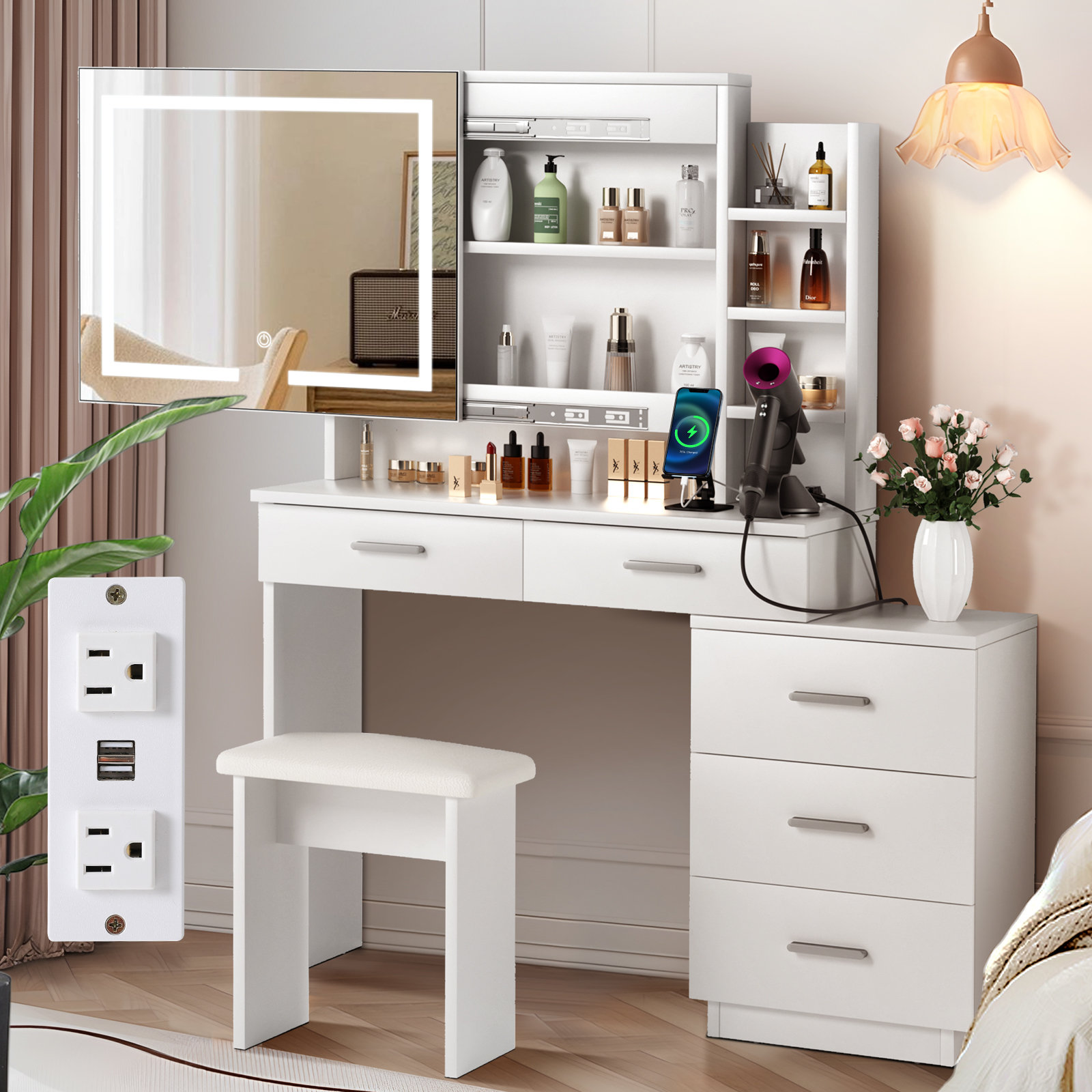 Latitude Run® Randale Vanity with Sliding Lighted Mirror and Outlets ...
