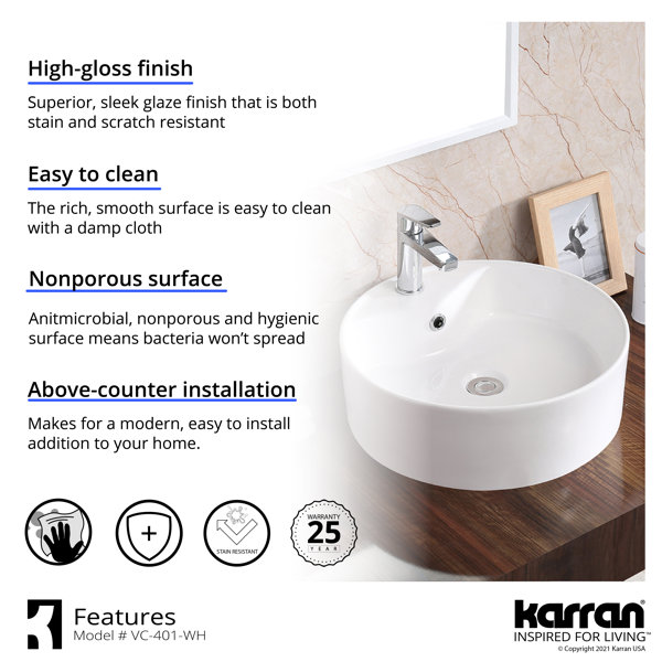 Karran Valera 18 In. Vitreous China Round Vessel Bathroom Sink With ...