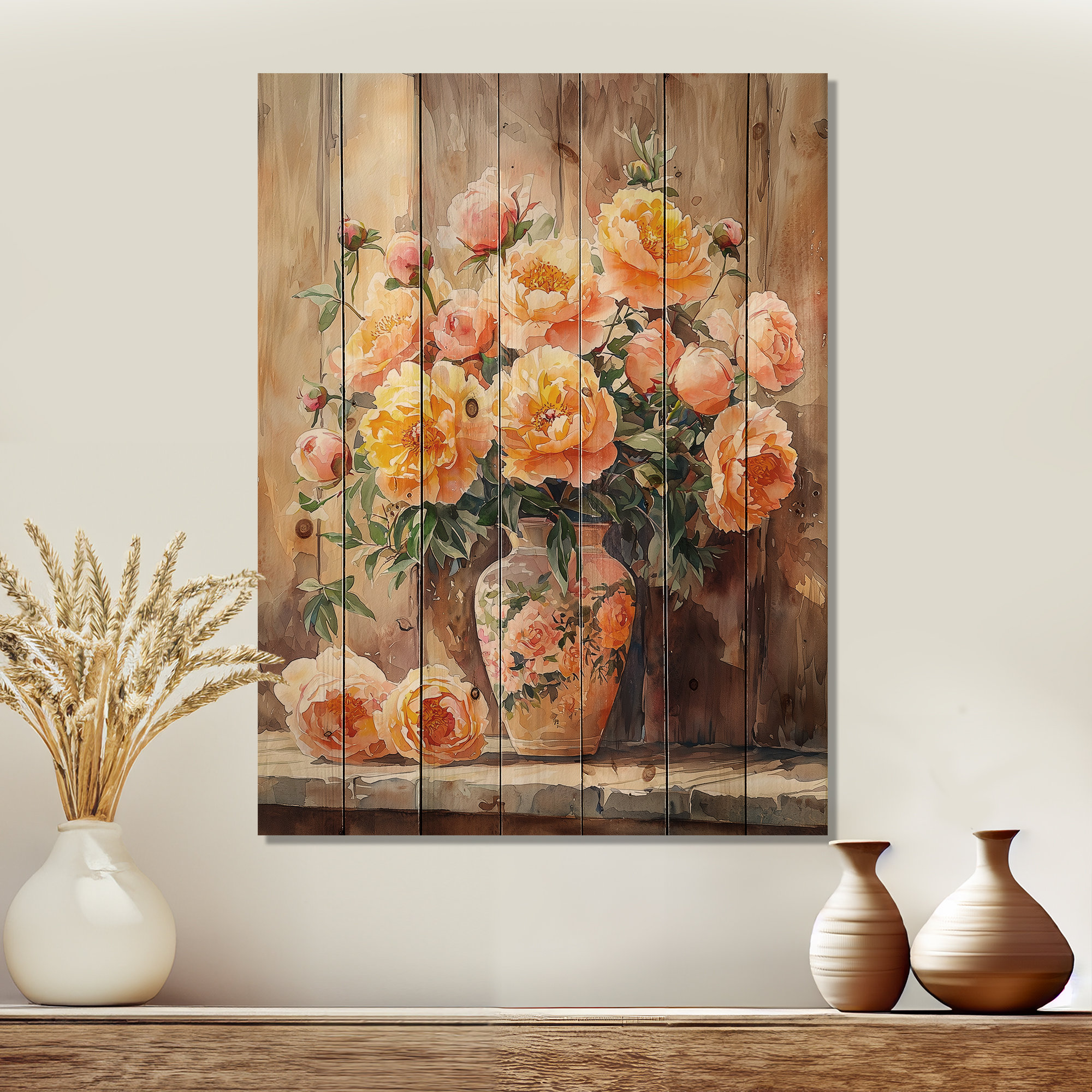 Ophelia & Co. Sun Kissed Peony Bouquet At The Farm I - Peonies Wood Wall Art - On Natural Pine ...