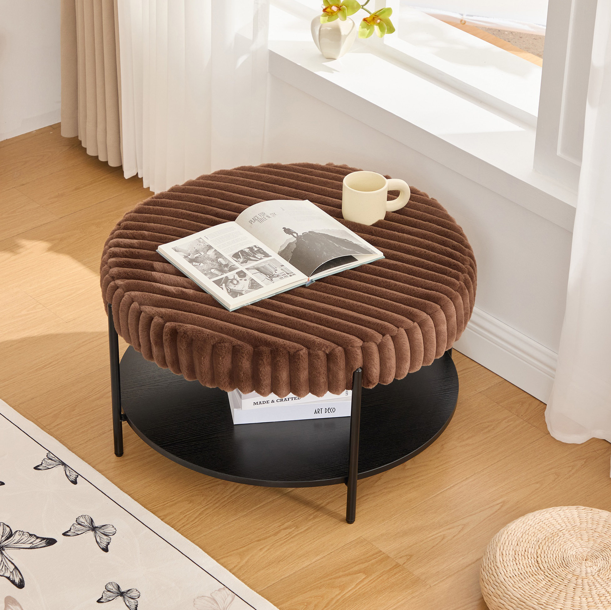 Mercer41 30.9"Wide Upholstered Round Ottoman Coffee Table Foot Rest ...